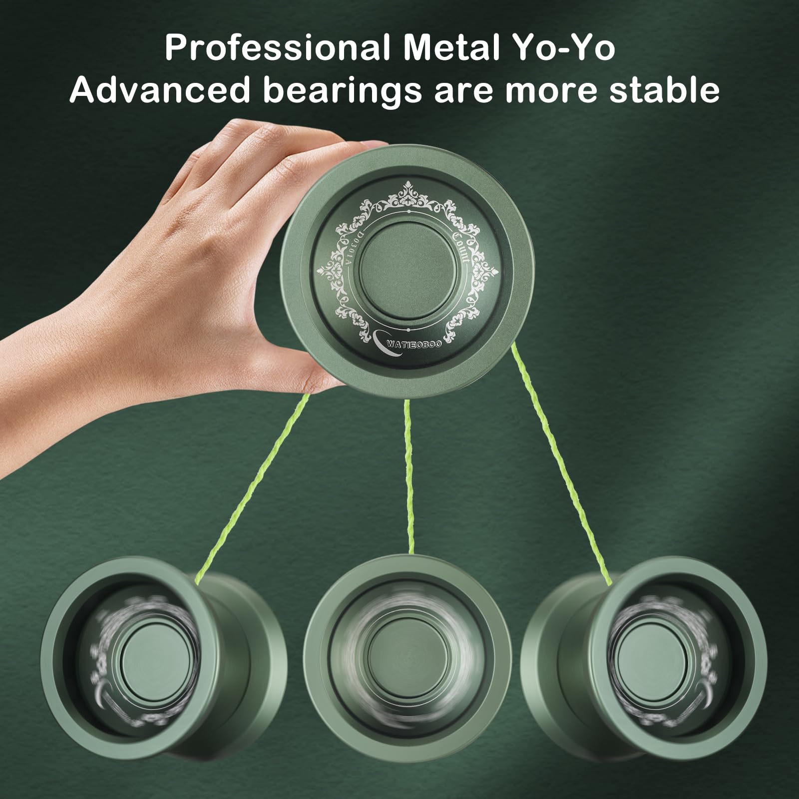 WATIEOBOO Yoyo Professional, Metal Unresponsive Yoyo for Kids Beginners, Adults Intermediate-Advanced Players with Glove and 10 Replacement Yoyos Strings(N Army Green)