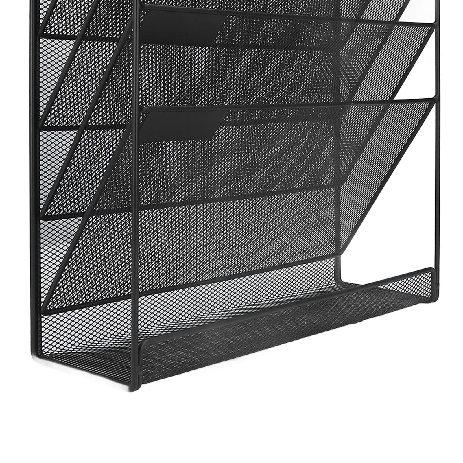 Wall File Organizer 5 Tier Black Heavy Duty Metal Mesh Hanging Mail Magazine Rack 40 x 32 x 11 cm Wall Mount Paper Holder for Newspaper Folders