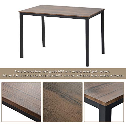 Voohek 5-Piece Kitchen Table and Chairs Set, with Wood Grain Veneer Rectangular Tabletop, Metal Frame, Plastic Foot Pads, for 4 People, Small Spaces, Dinette, Dining Room, Industrial Style, Brown