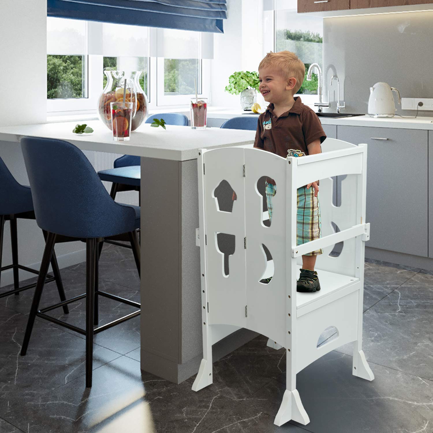 YOUNIS Wooden Kitchen Step Stool for Kids, Toddlers Collapsible Tower for Kids Folding Stool, No-Slip Design Kitchen Safety Cooking Standing Stool for Children - White