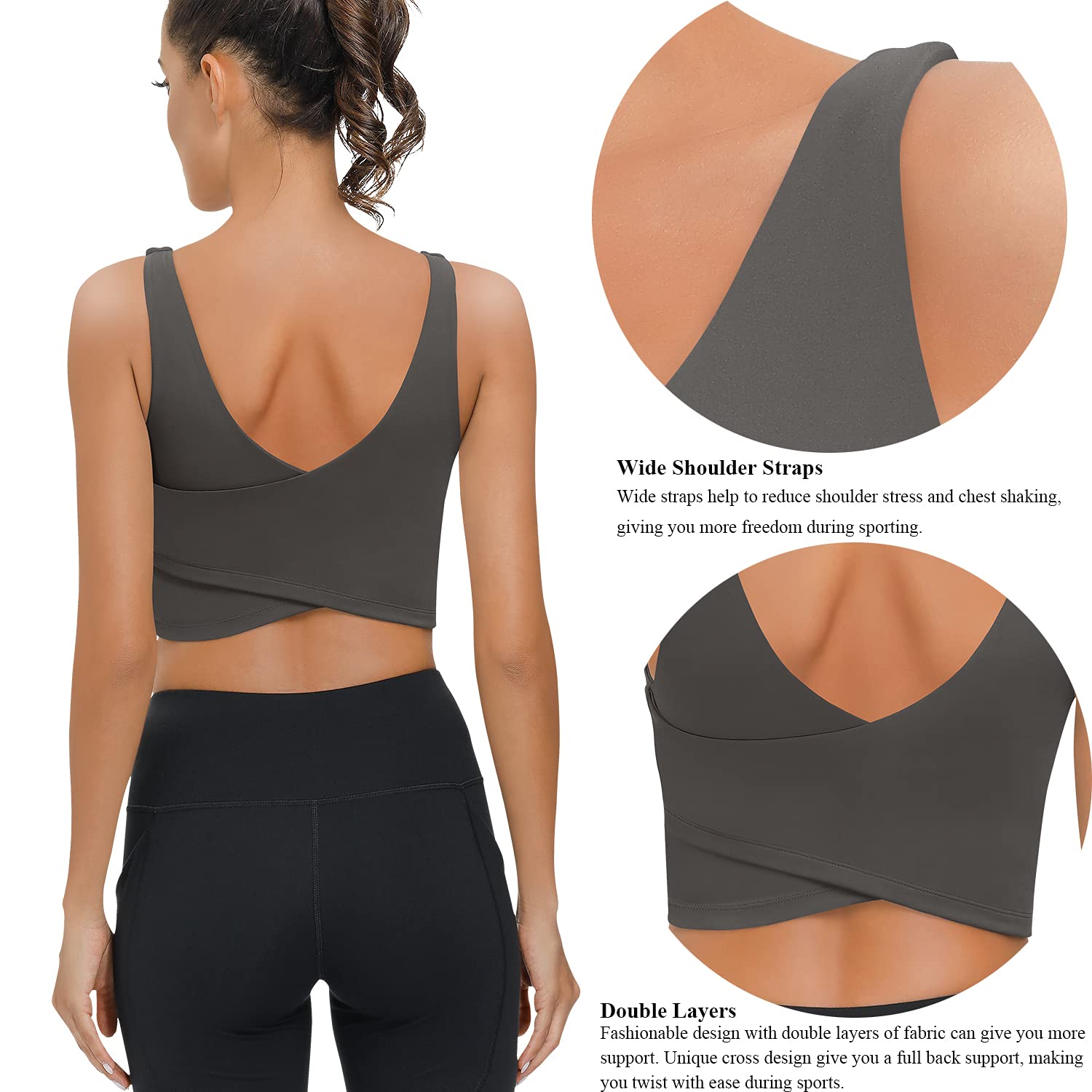 V Neck Built in Bra Longline Sports Bras for Women Padded Medium Support Workout Crop Tops for Running Yoga