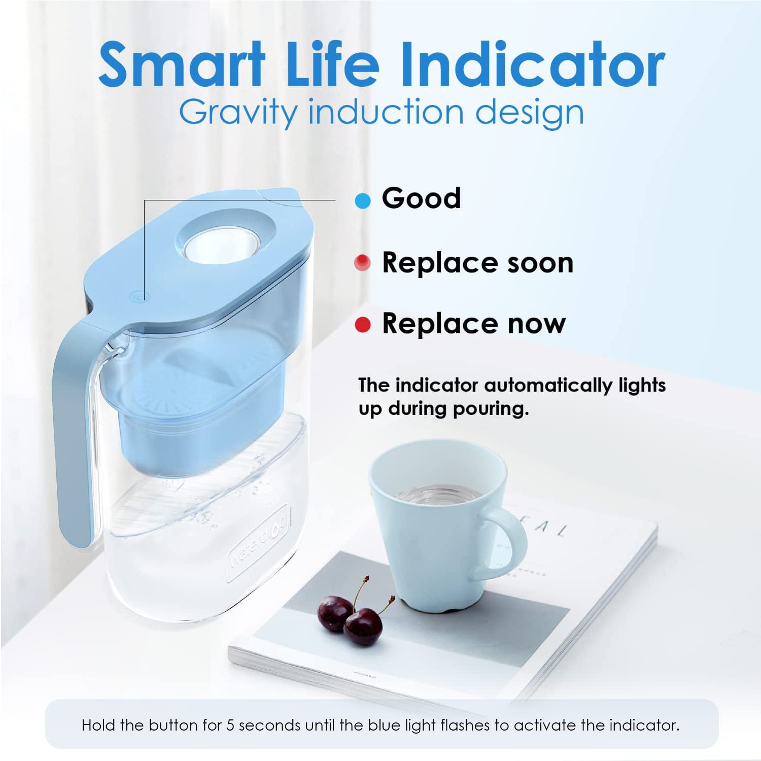 Waterdrop 200-Gallon Long-Life Elfin 7-Cup Water Filter Pitcher with 3 Replacement Filter, NSF Certified, Reduces Chlorine, BPA Free, Blue, 3Pack