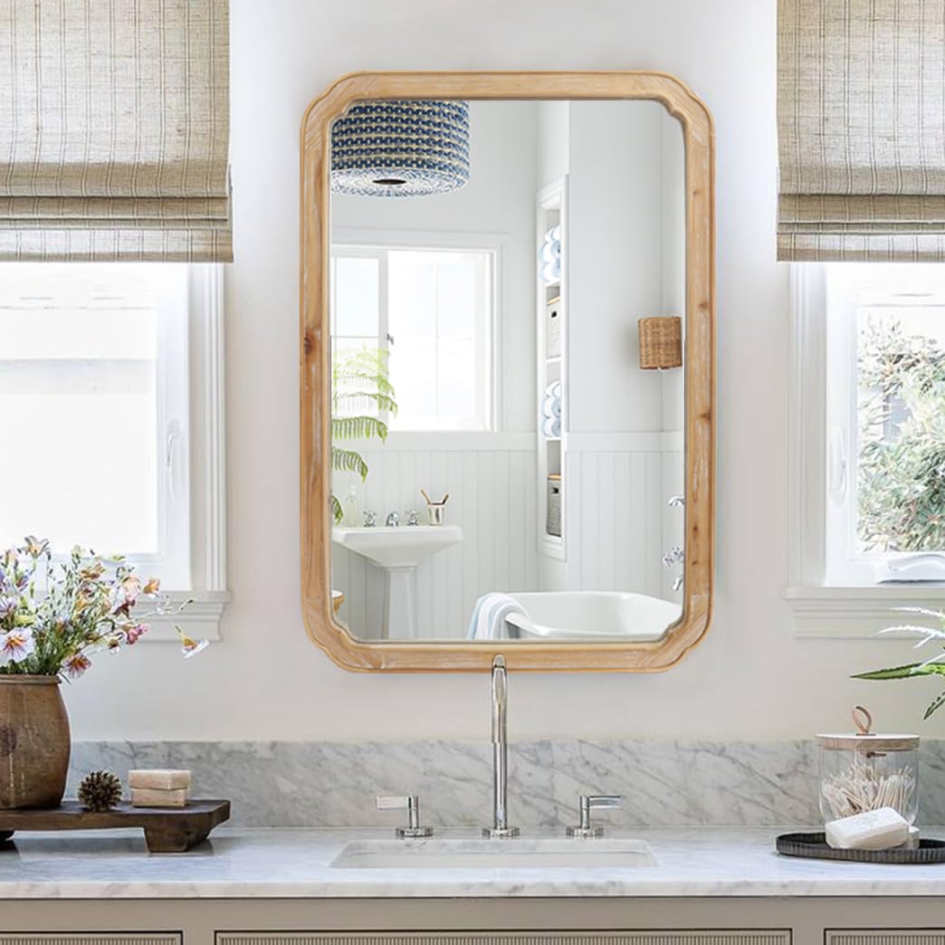 Wood Farmhouse Mirror, 24" x 36" Wall Mounted Ractangle Rustic Mirror for Foyer, Living Room, Bedroom, Bathroom