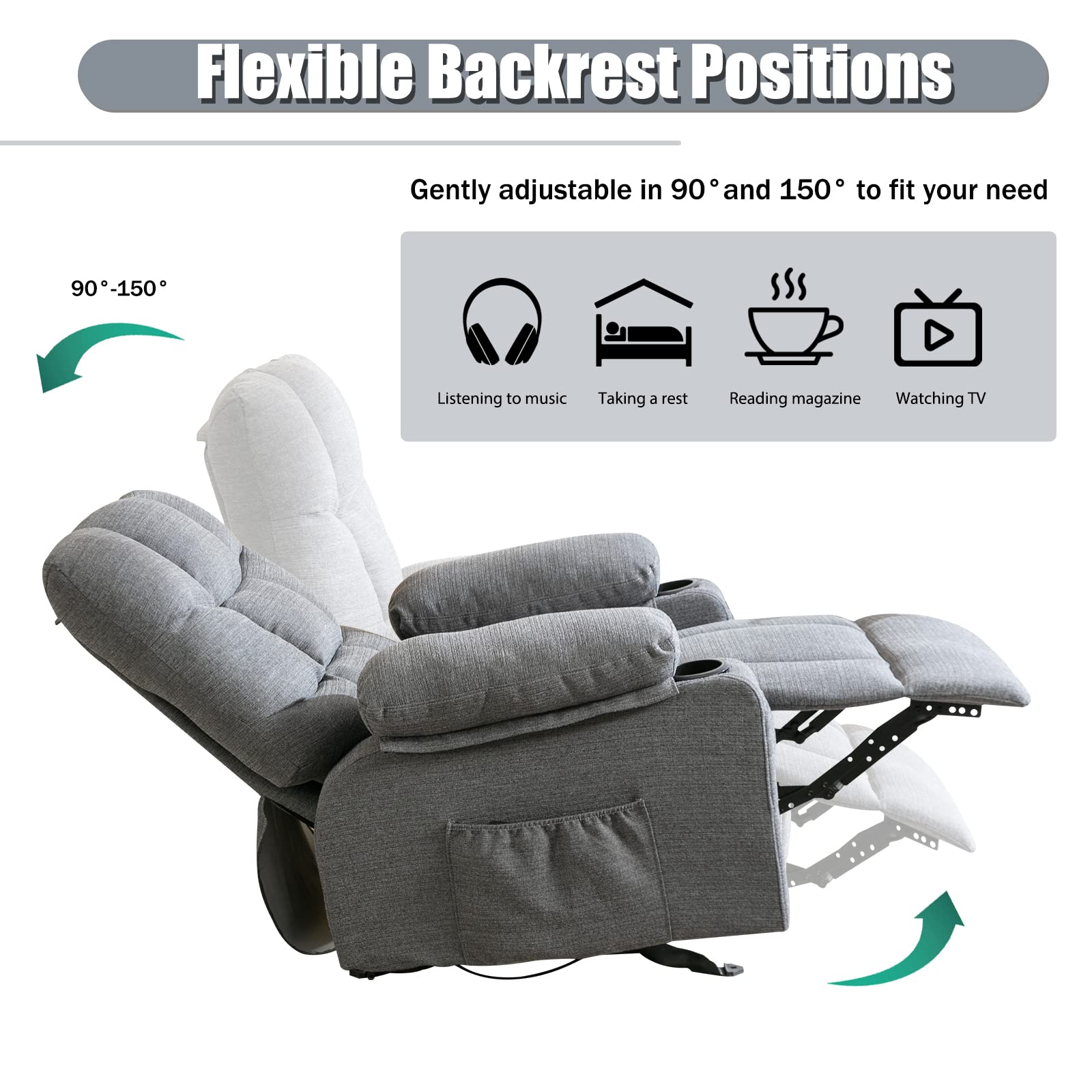 VON RACER Recliner Chair Rocking Chairs for Adults Oversized with 2 Cup Holders, USB Charge Port Soft Features a Manual Massage and Heat