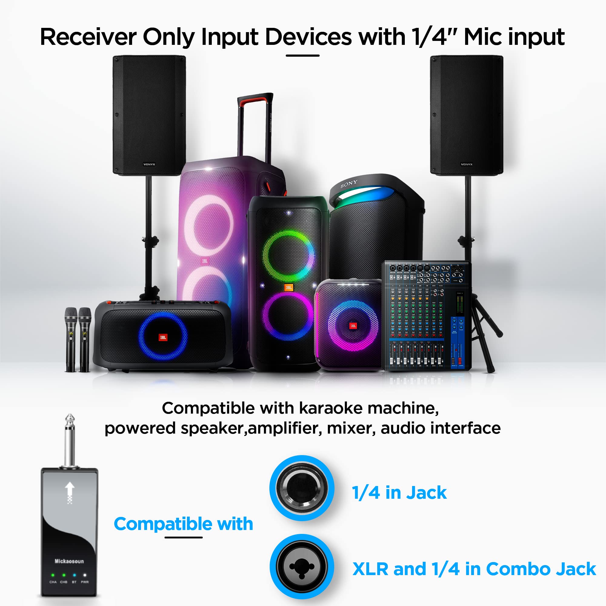 Wireless Microphone, UHF Dual Metal Handheld Cordless Dynamic Karaoke Mic System with 1/4'' Output Rechargeable Receiver, Plugd＆Play, for Karaoke, Party, Singing, Wedding, Church, Speech, DJ(260ft)