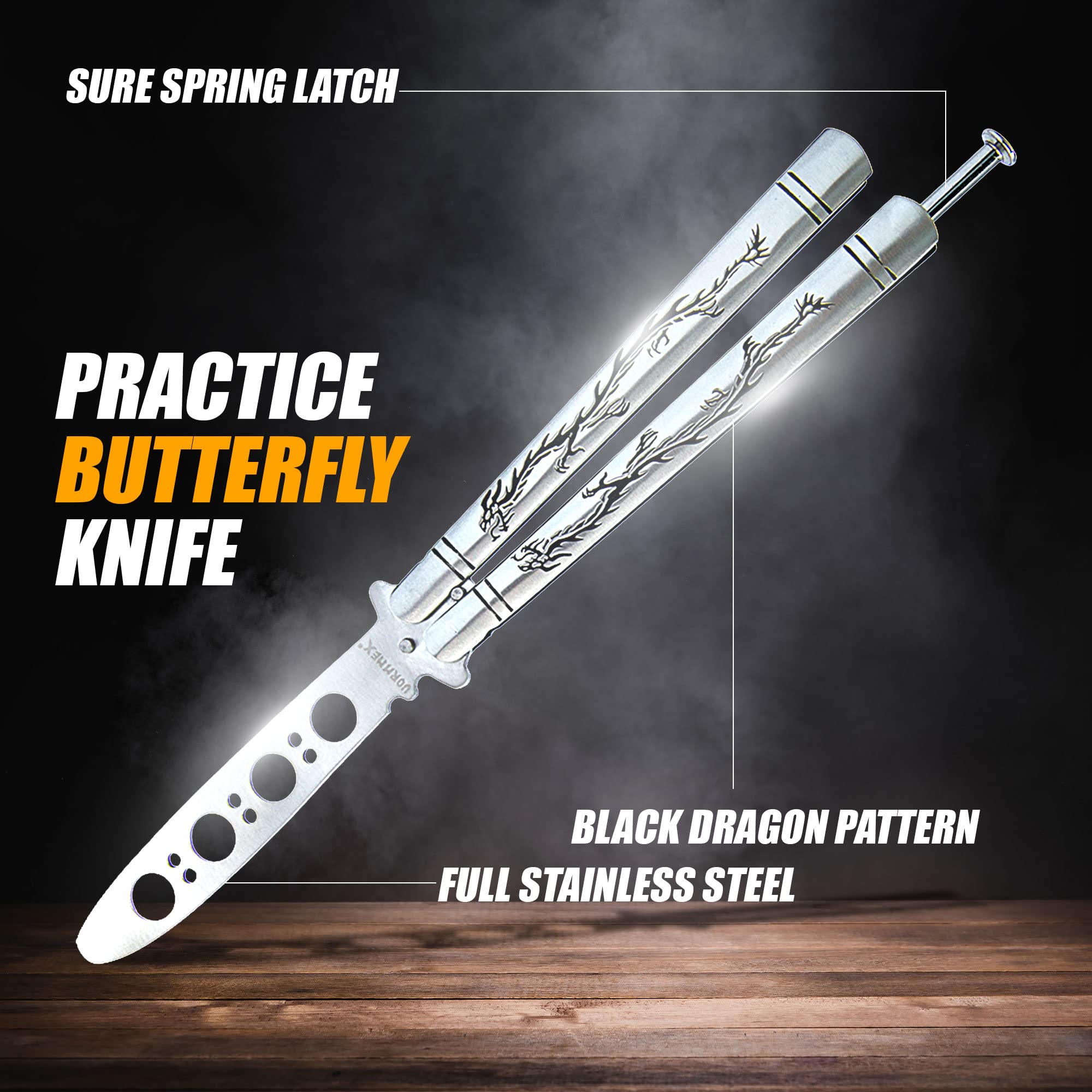 VORNNEX Practice Butterfly knife Trainer with Sure Spring Latch, Full Stainless Steel Black Dull Balisong, Unsharpened Butterfly knives Comb for CSGO Training(Silver)