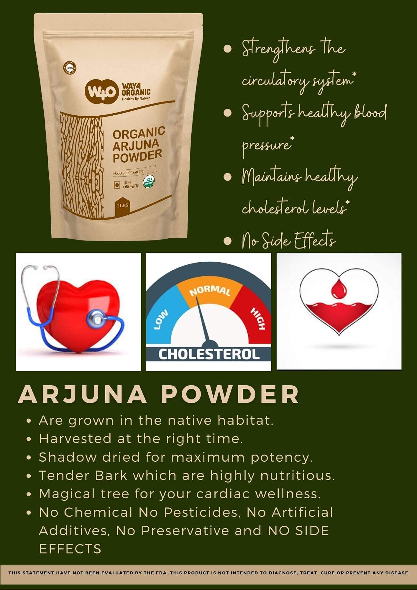 Way4Organic Organic Arjuna Bark Powder, 16 Ounces(1 Pound), Improves Healthy Muscle