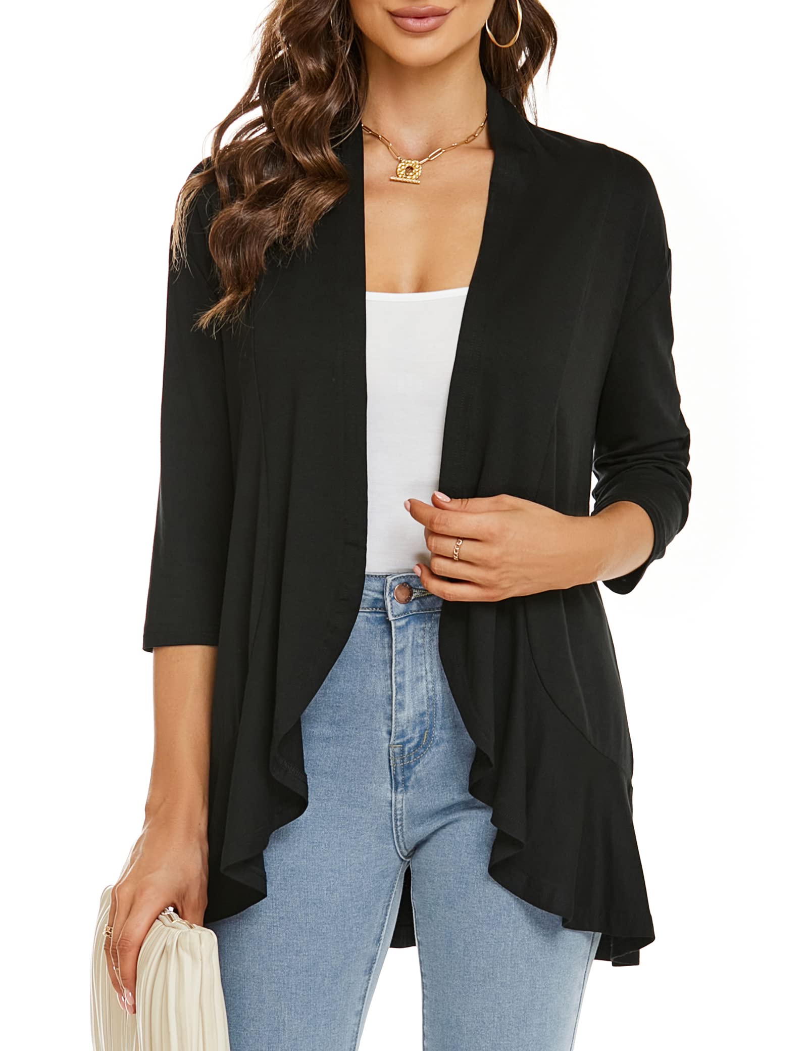YnimioAOX Women's Open Front Cardigan 3/4 Sleeve Solid Casual Kimono Sweater Coat,X-Large,N20-autumn black