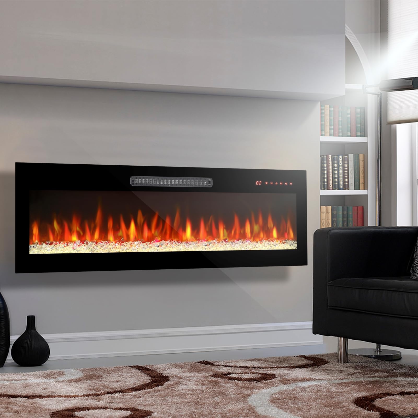 Xshelley 42in Electric Fireplace Heater, Electric Fireplace Inserts Wall Mounted Fireplace Electric Wall Heater with Remote Control Touch Screen Timer Adjustable 16 Color, 1400W Black