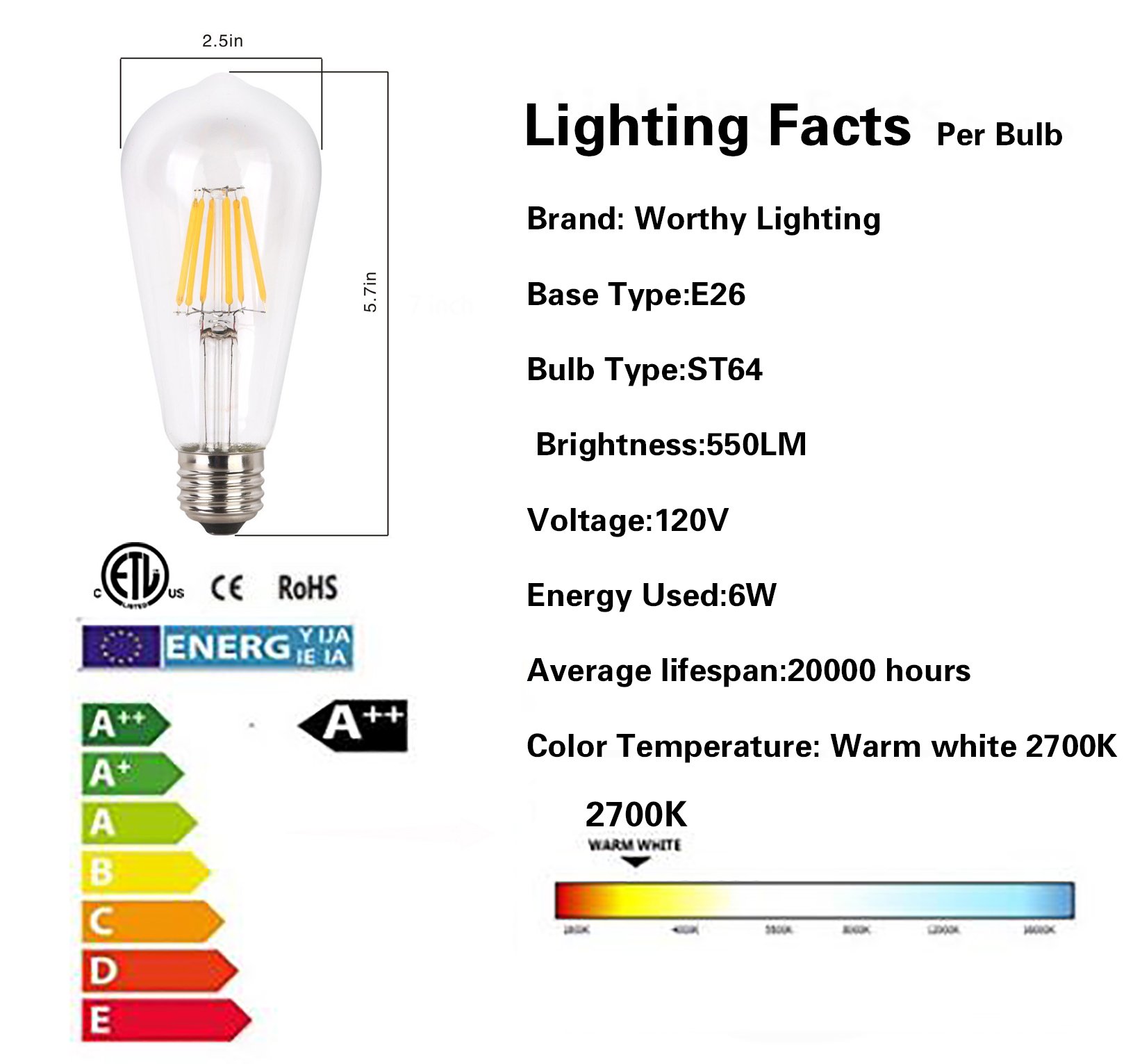 ZYCYLIGHT Dimmable led Light Bulb, 6w LED Edison Bulb, 60 Watt Incandescent Equivalent, 6W Vintage LED Filament Light Bulb, st64 led Bulb,2700K-3000K Soft White,e26 /e27 led Bulb, 10 Pack