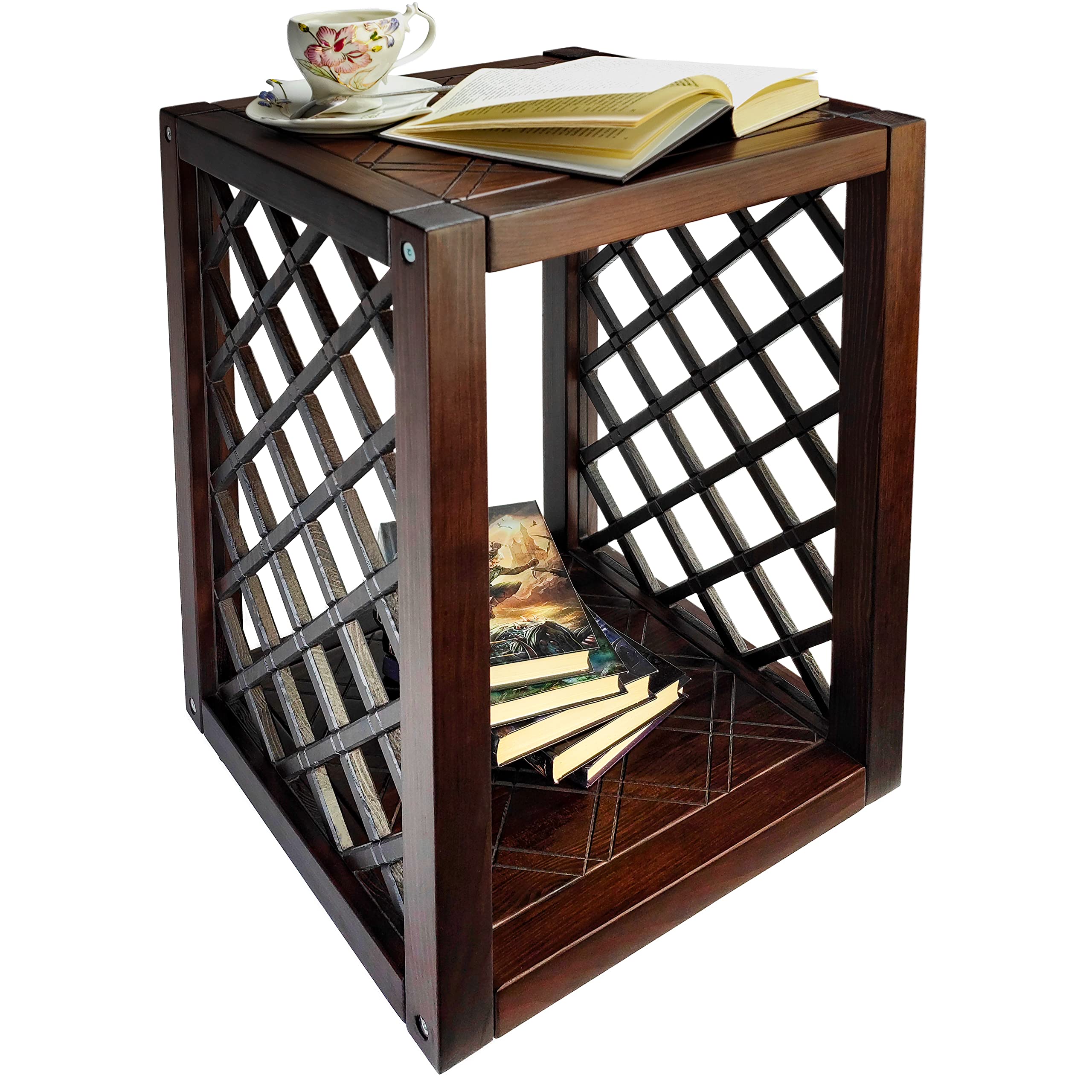 Wood Wedge Rustic End Table with Lattice, Small Table, Living room decor, Night Table for Bedroom, Side Table for Couch, Sofa with Storage shelves, Entryway Table, Brown, ash, 15.7''