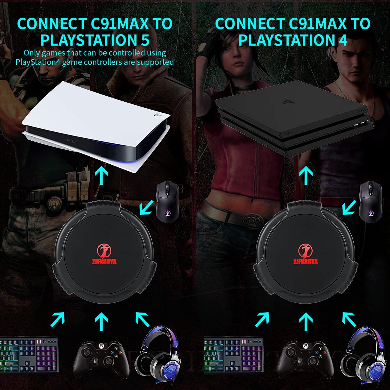 ZJFKSDYX C91MAX Keyboard Mouse Adapter Converter, Controller Adapter Converter for Xbox One, Xbox Series X/S, PlayStation 5, PlayStation 4 and Nintendo Switch【Support 3.5MM Headset】