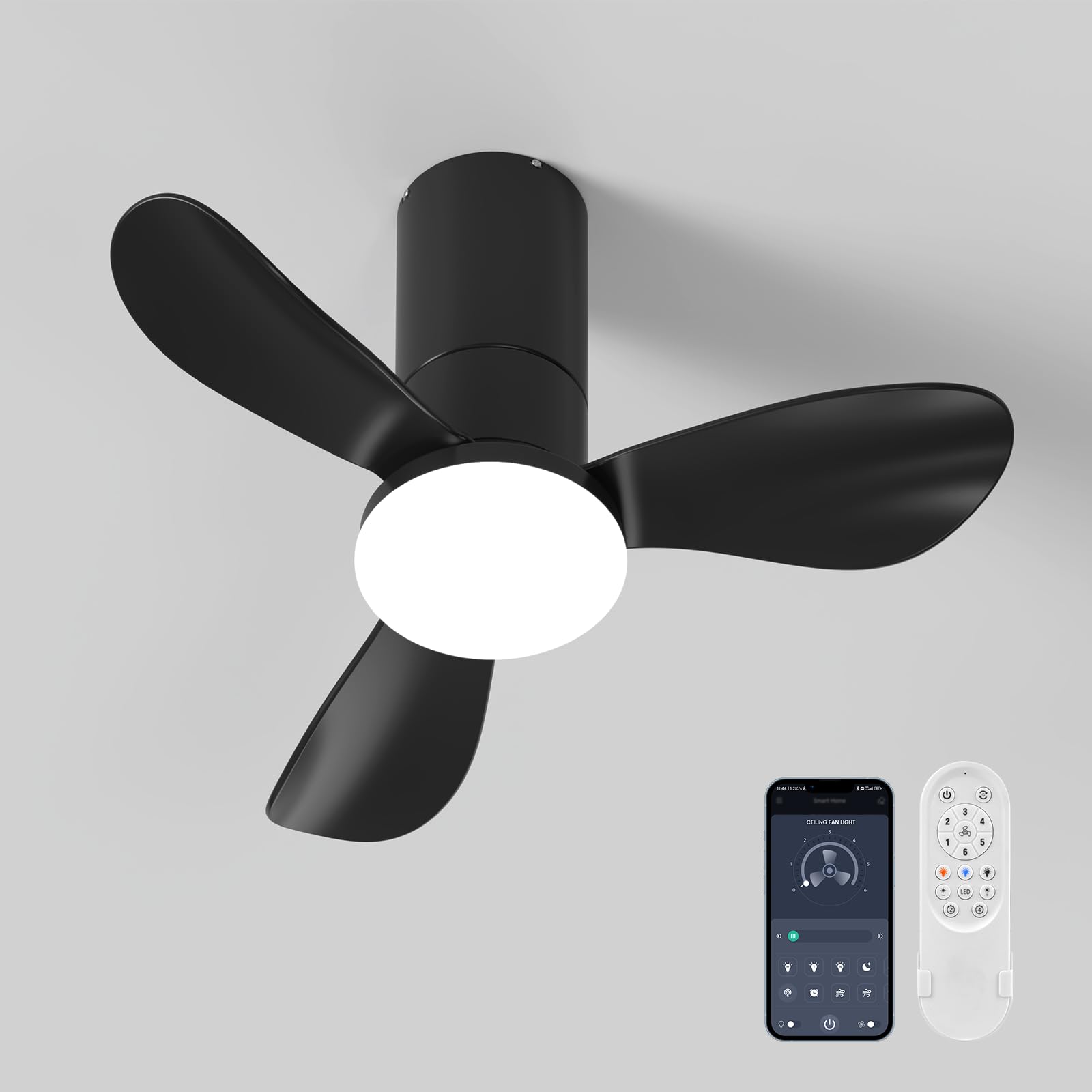 TOZING Ceiling Fans with Lights and Remote, 26 Inch Small Ceiling Fan with Light, 3 Blade Black Flush Mount Ceiling Fan for Bedroom Dining Room Kitchen Patio