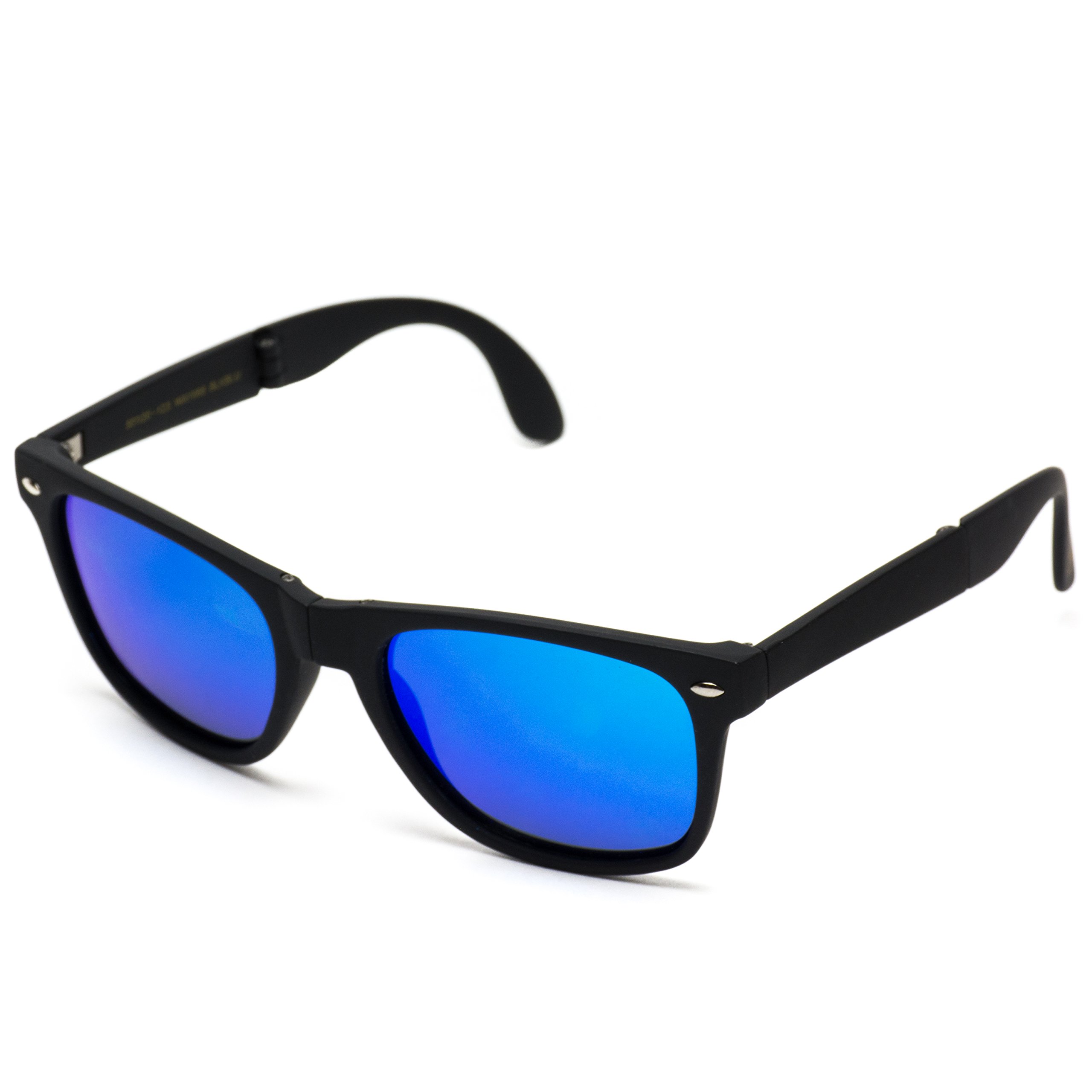 WearMe Pro Modern Black Square Foldable Sunglasses with Case (Black Frame/Mirror Blue Lens)