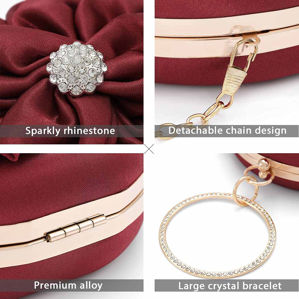 Yokawe Women Evening Bag Satin Flower Clutch Purse Wedding Party Prom Handbag (Wine red)