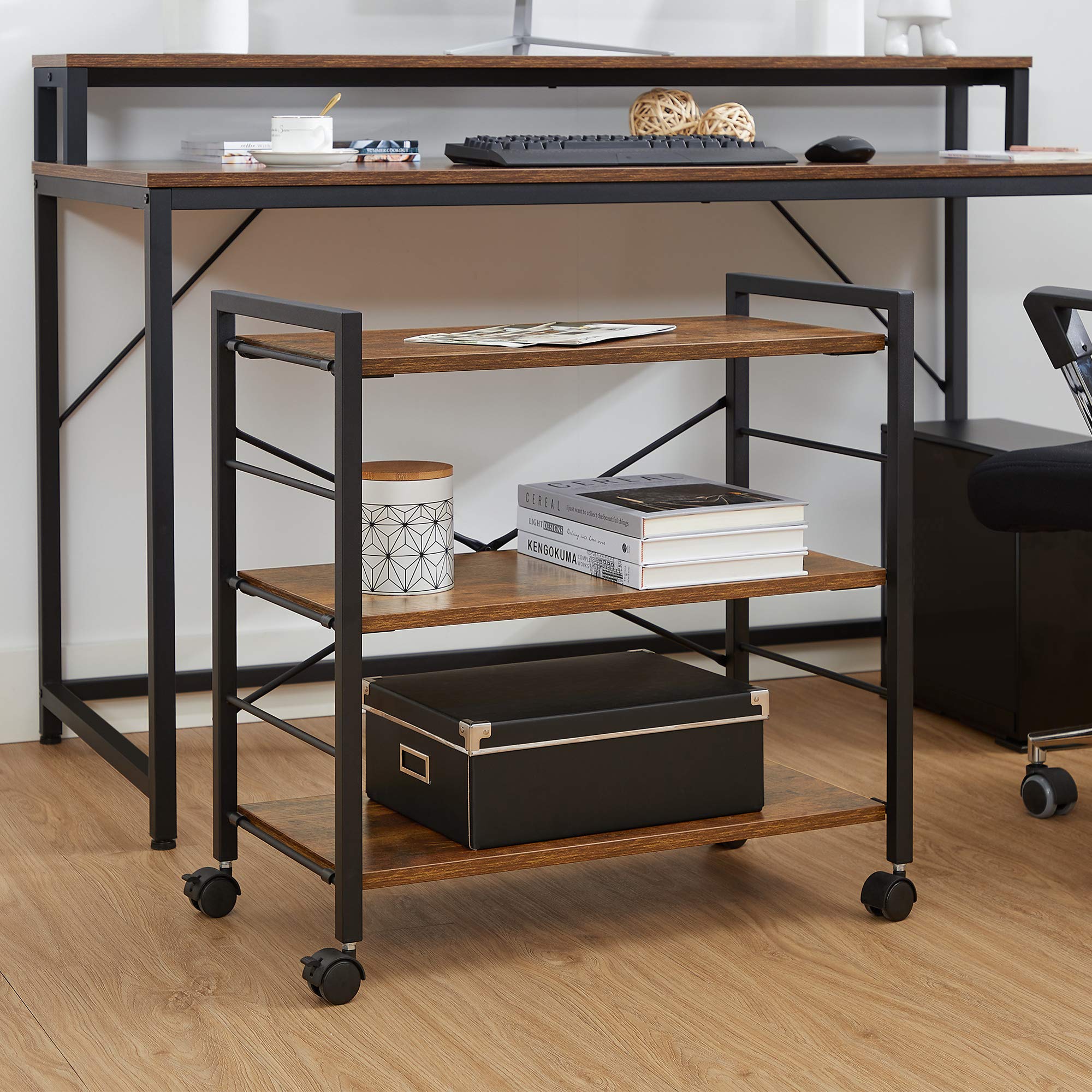 VASAGLE Computer Desk with Large Monitor Stand Rolling Cart, Writing Study Desk with Storage Shelves, Industrial, for Home Office, Rustic Brown and Black ULWD061B01