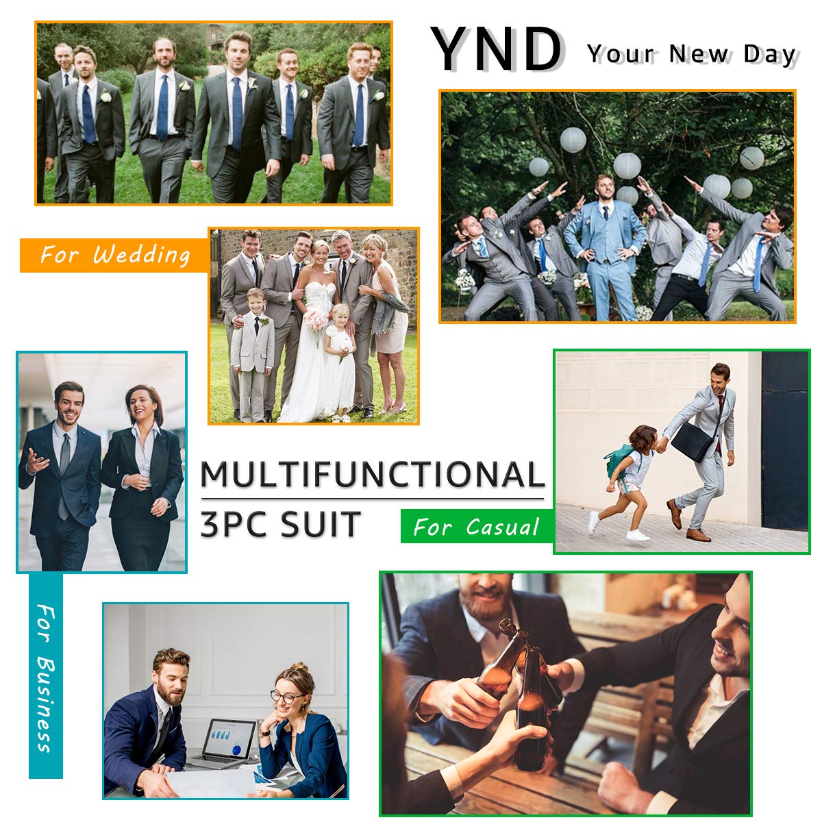 YND Men's Slim Fit 2 Piece Suit, Double-Breasted Jacket Pants Set with Tie, Solid Party Wedding Dress Blazer, Tux and Trousers Khaki