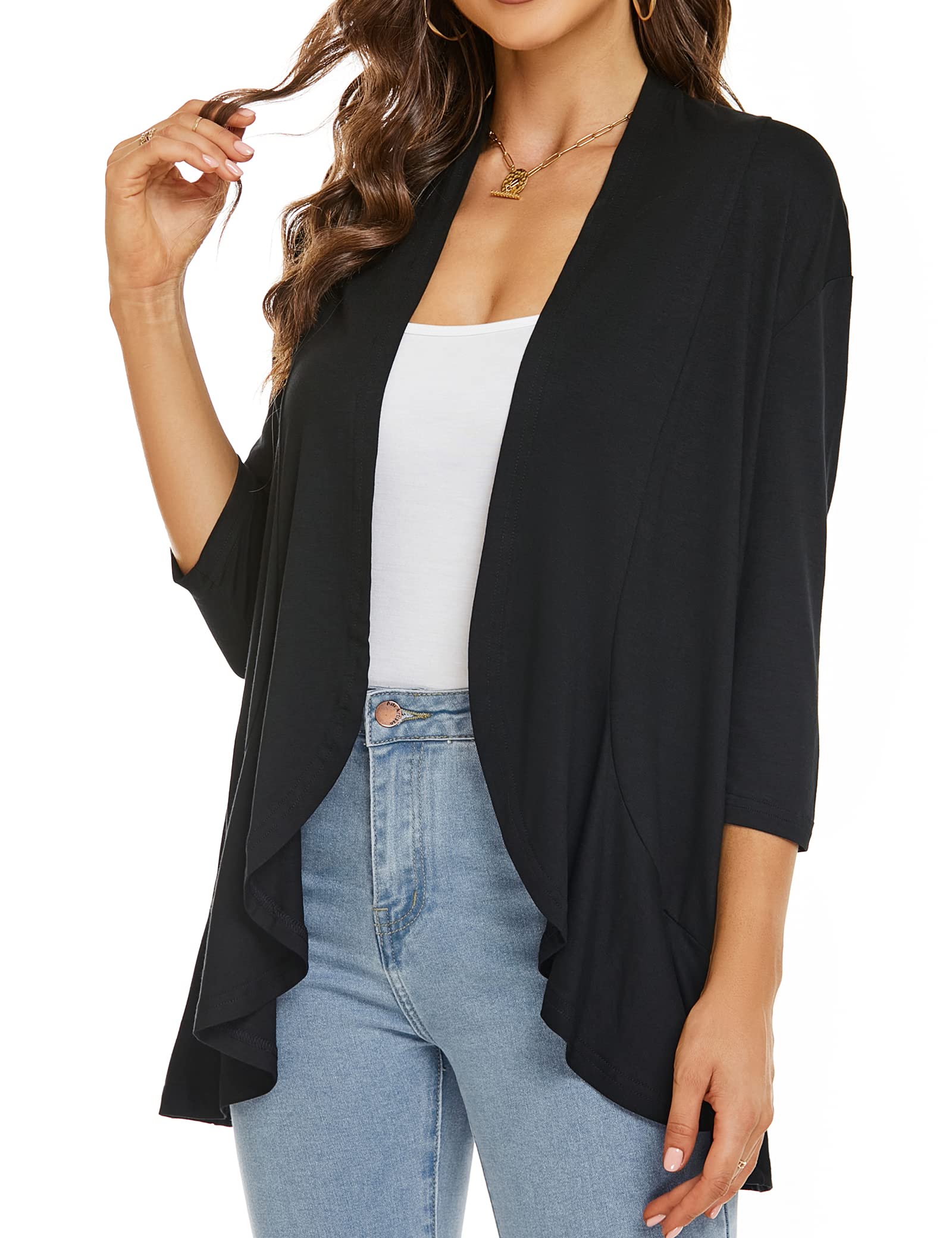 YnimioAOX Women's Open Front Cardigan 3/4 Sleeve Solid Casual Kimono Sweater Coat,X-Large,N20-autumn black