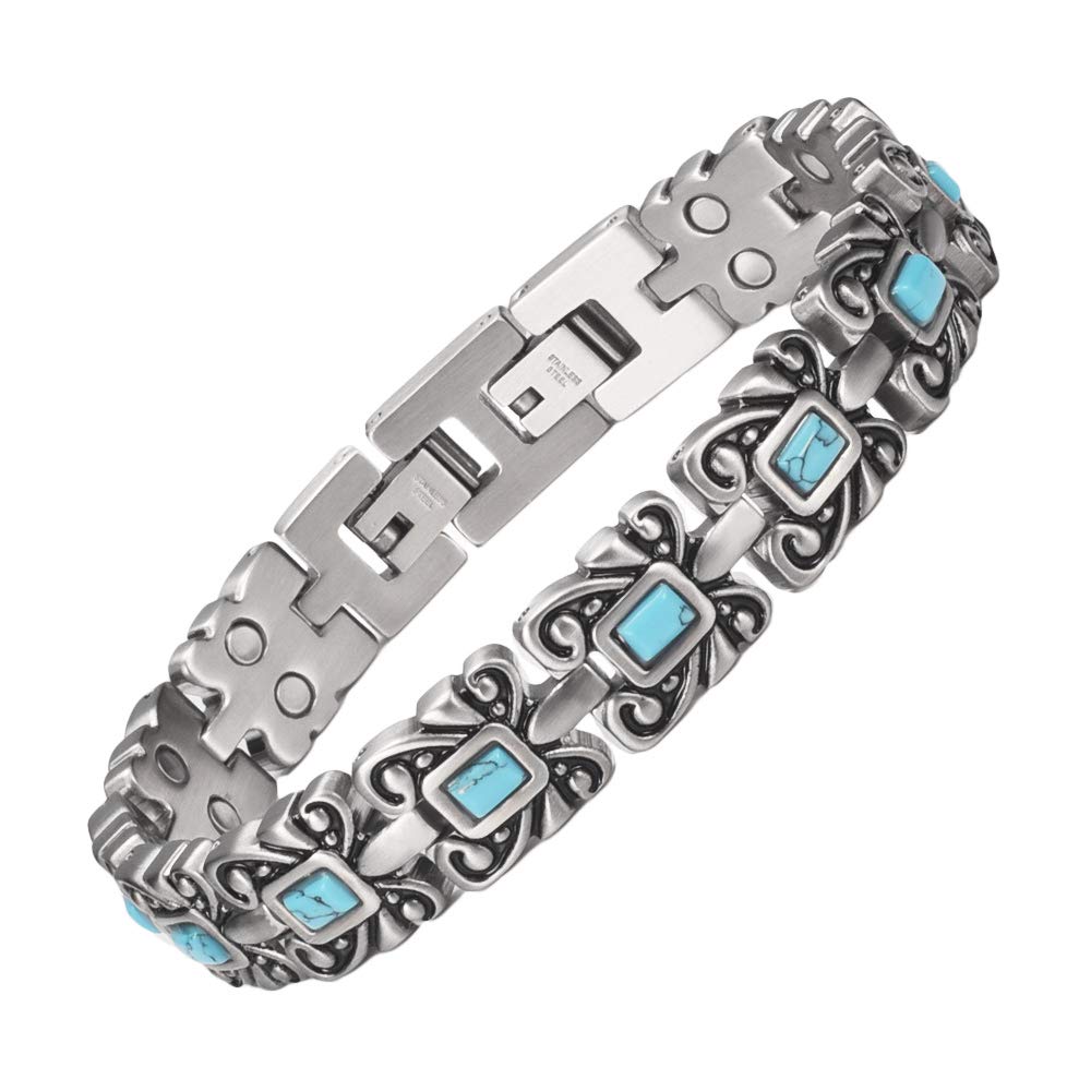 Wollet Jewelry Antique Style Blue Turquoise Magnetic Bracelets for Women