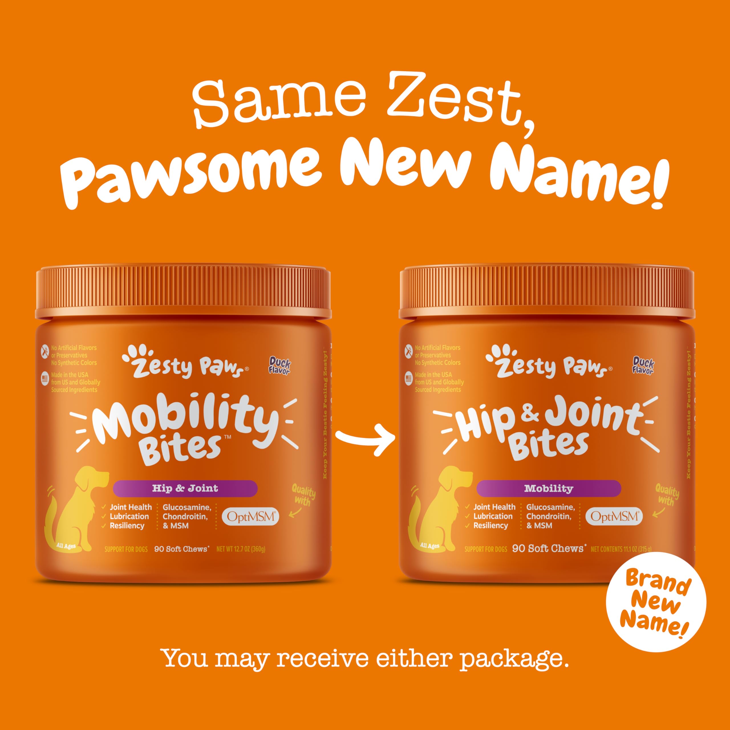Zesty Paws Hip and Joint Supplement for Dogs - Glucosamine for Dog Joint Supplement - with Chondroitin, MSM, Vitamins C and E for Dog Joint Relief - Mobility Bites Duck β 90 Count