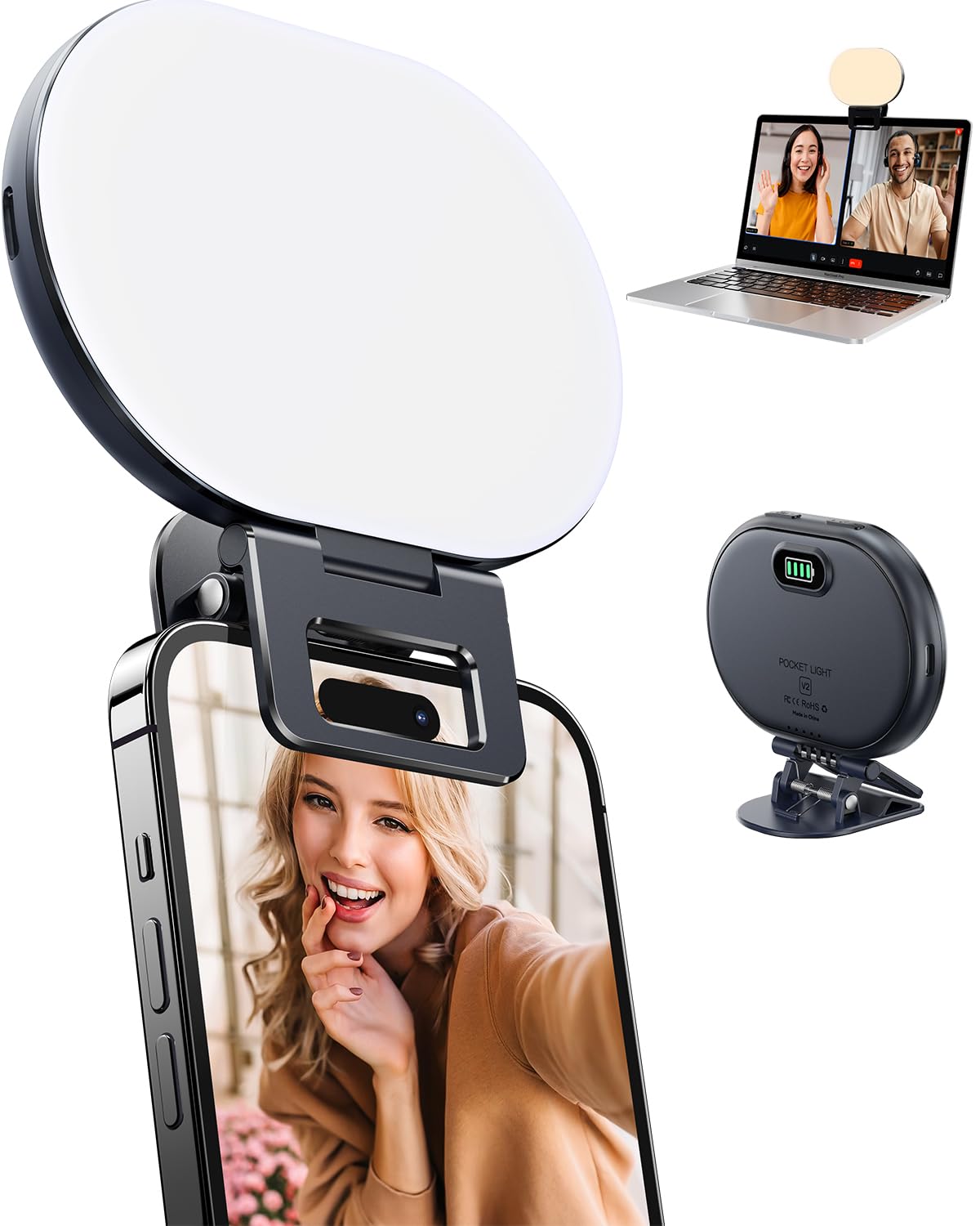 Weilisi Rechargeable Selfie Light, Phone Light with 3 Lighting Mode/10 Brightness Level, Portable Phone Ring Light for Selfie, Makeup, Tiktok, Live Stream, Clip on Video Light for iphone/Android/ipad