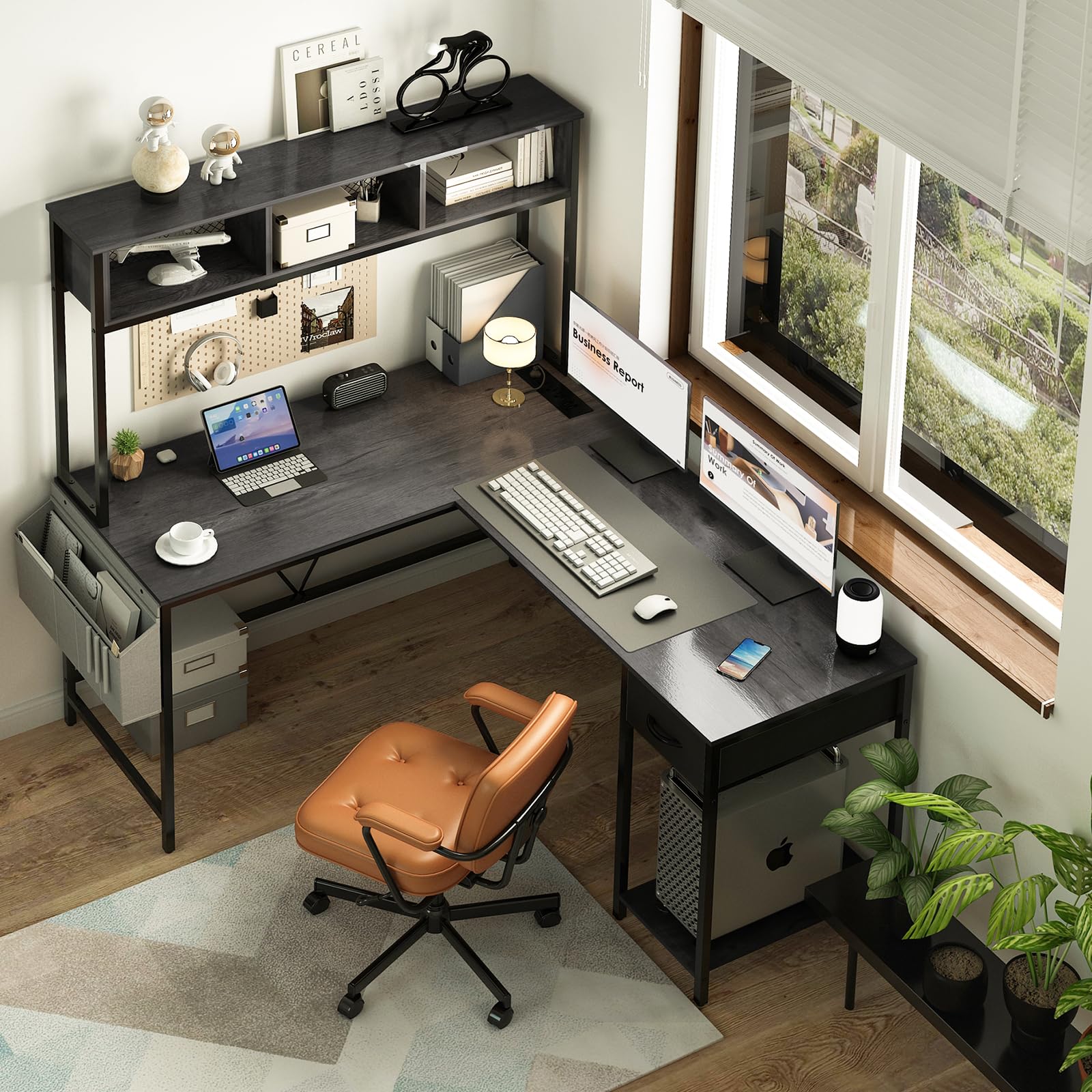 Yoobure L Shaped Desk Gaming Desk with LED Strip & Power Outlet, Reversible L-Shaped Computer Desk with Storage Shelf & Drawer, Corner Desk with Storage Bag, 2 Person Home Office Desk, Gray