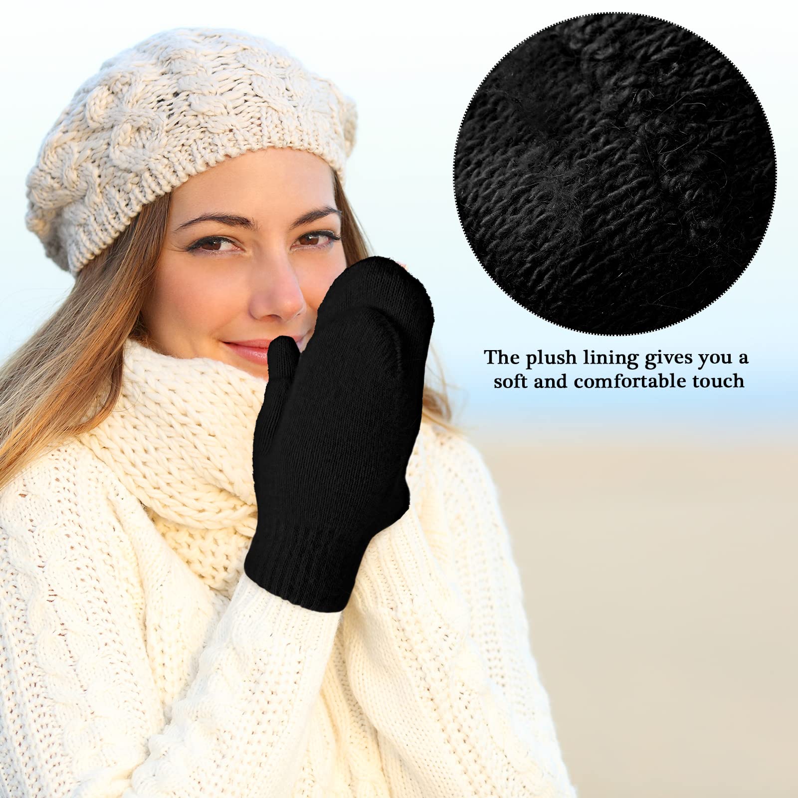 Zhehao Women Knitted Mittens Winter Warm Gloves Solid Color Hand Warmer for Indoor Outdoor Activities (Black)