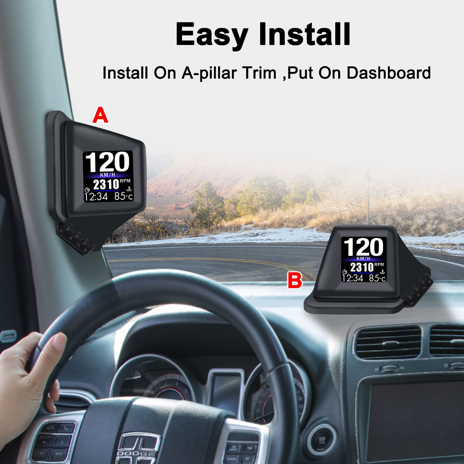 Geloo Car HUD Head Up Display, OBD2 HUD Display with OBDII GPS Dual System OBD2 Speedometer Gauge 8 Modes Multifunction Gauge Dashboard Display Smart Gauge can Installed Dashboard or A-Pillar Trim