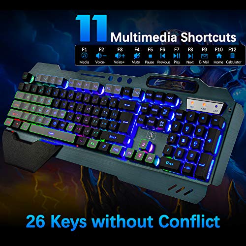 Wireless Gaming Keyboard Mouse & Mouse Pad Combo,3 in 1 Rainbow Backlit Rechargeable Keyboard with 3800mAh Battery Metal Panel Removable Hand Rest,RGB Gaming Mouse Pad(32.5x12 inch),Mute Gaming Mice