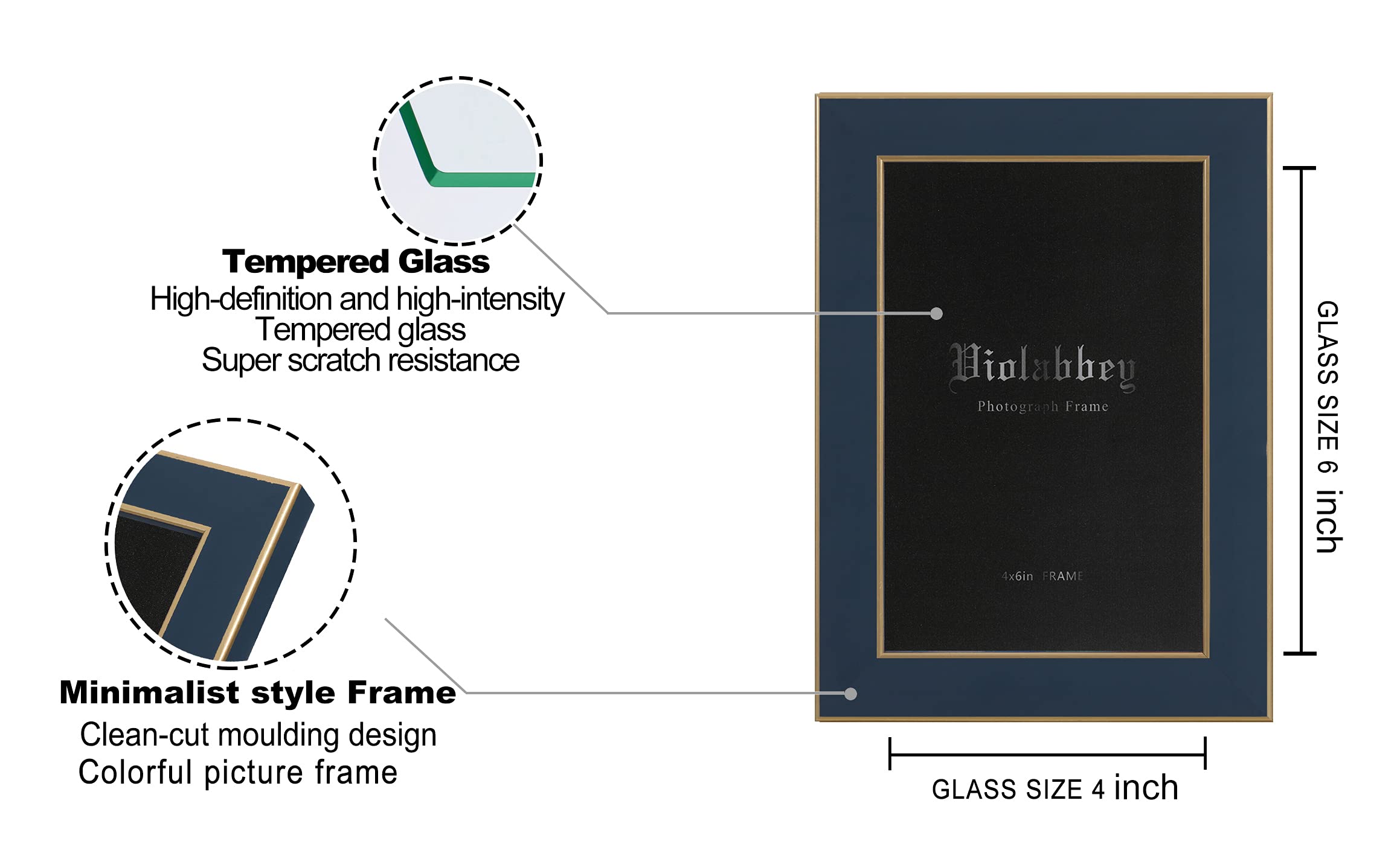 VIOLABBEY 4x6 Picture Frames Navy Blue Set of 2, Modern Style 4 by 6 Photo Frame, High Definition Tempered Real Glass, Wall or Tabletop Display