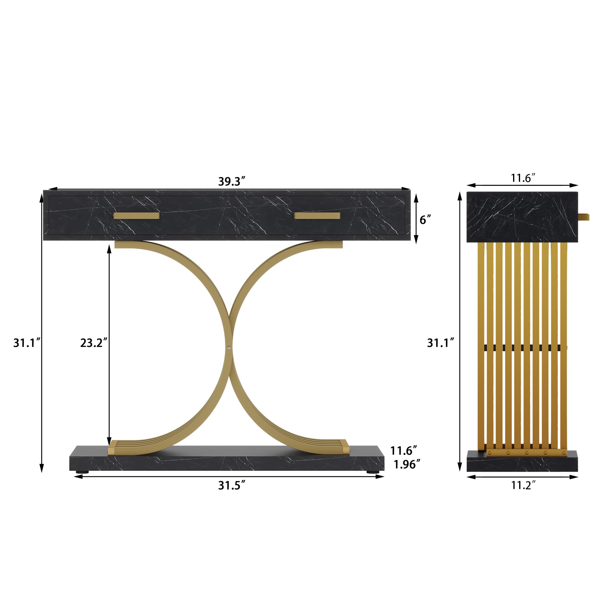 Vagaconl Black Gold Console Table with Drawers, Modern 39 Inches Small Entryway Table with Storage, Faux Marble Tabletop Hallway Table with Geometric Gold Legs