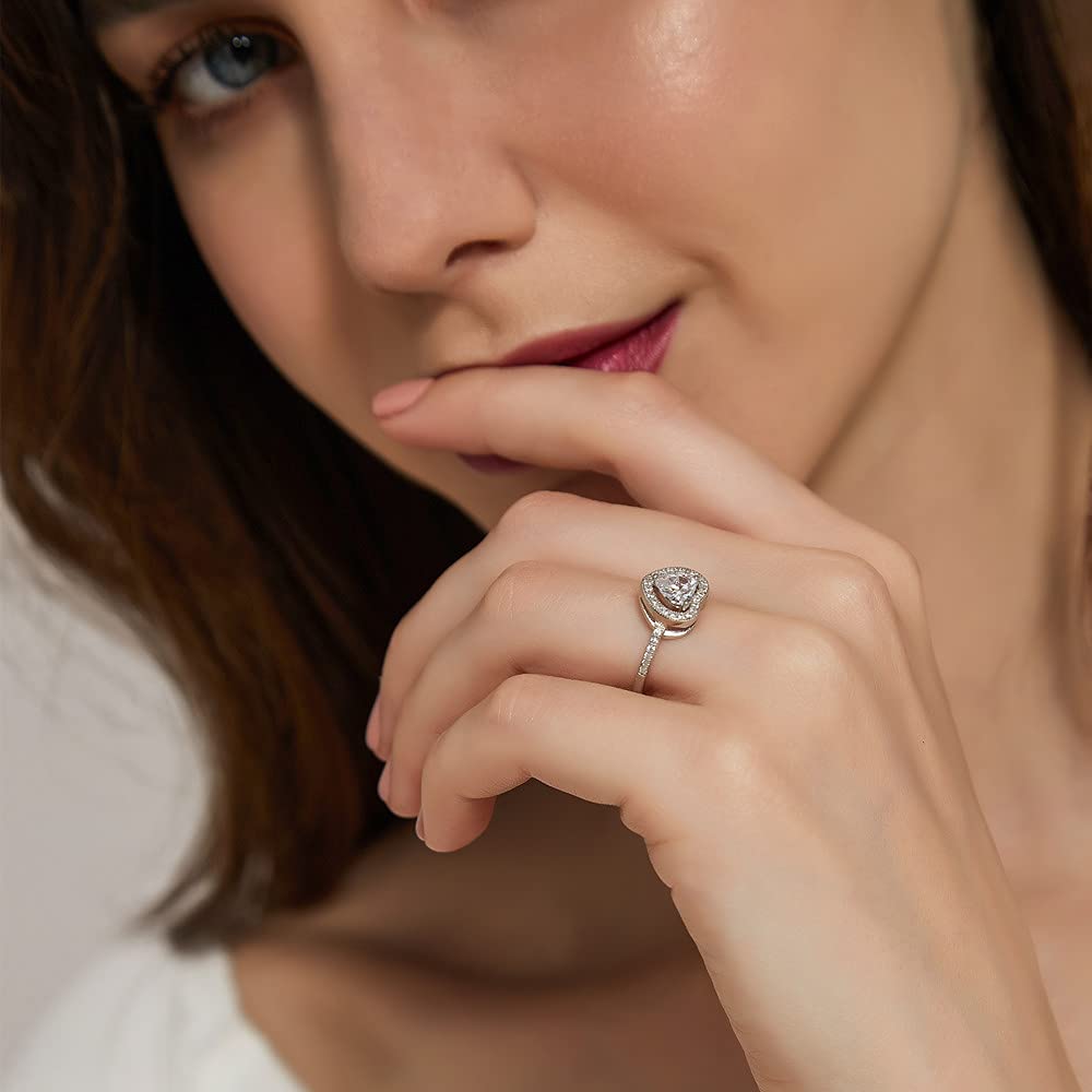 Women's 925 Sterling Silver Ring, Heart Promise Engagement Ring, Halo Cubic Zirconia Wedding Band, Size 8.5