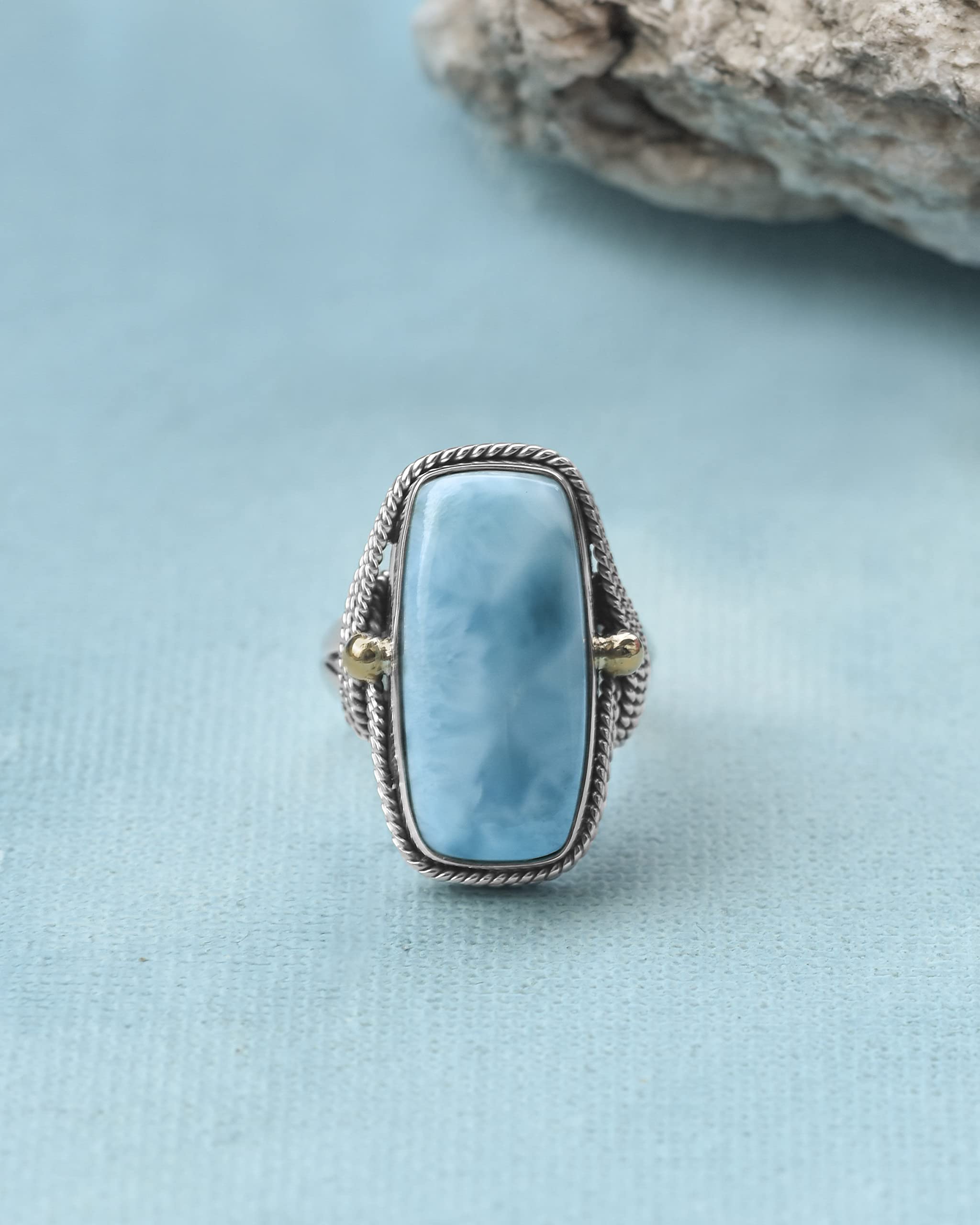 YoTreasure 11x22 MM Larimar Chunky Ring .925 Sterling Silver with Brass Accents