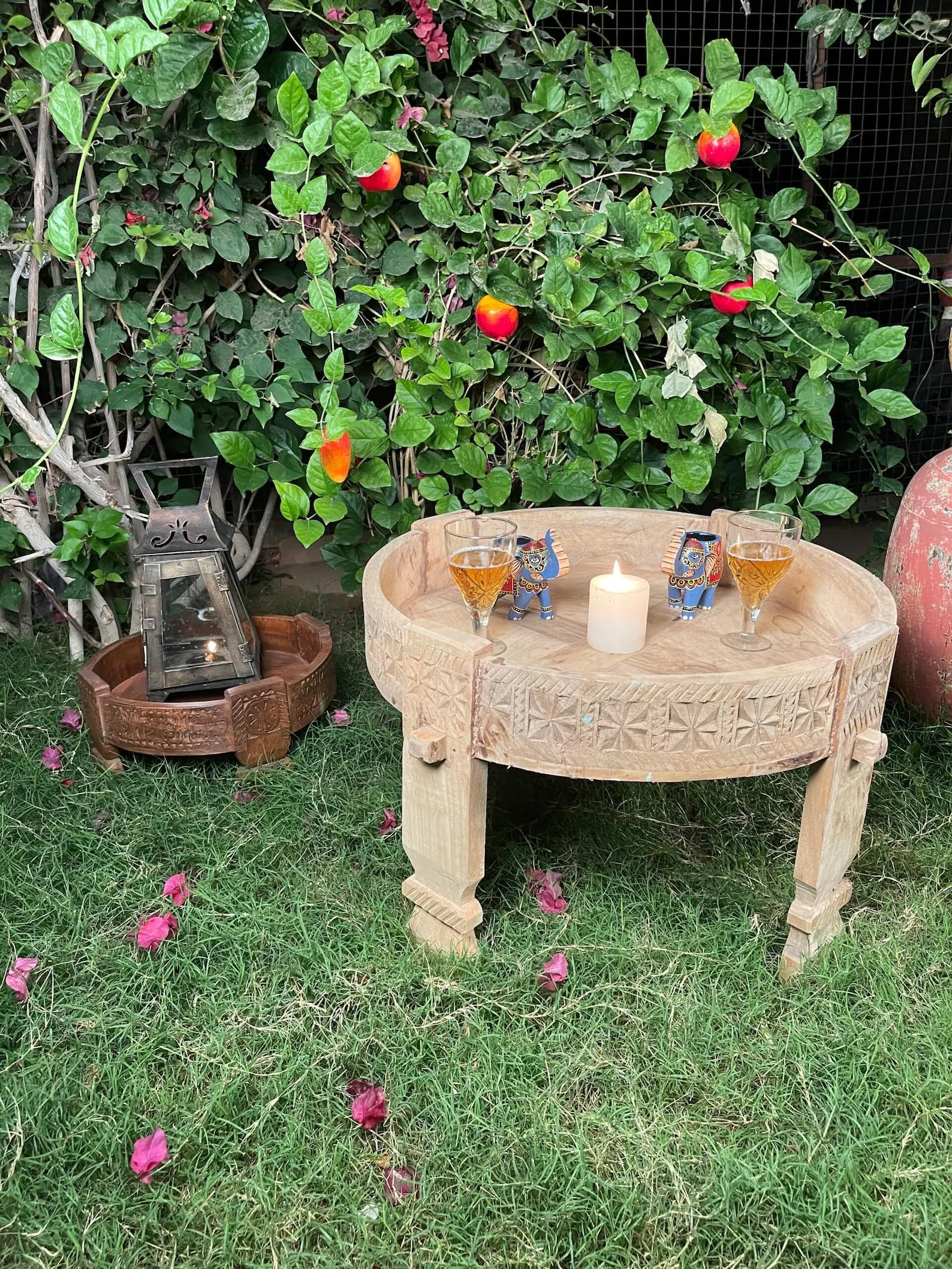 Wooden Indian Natural Carved Chakki Table/Coffee Table/Round Rajasthani Desrt Dinner Table/Side Table/Lamp Holder Table/Candle Holder Table