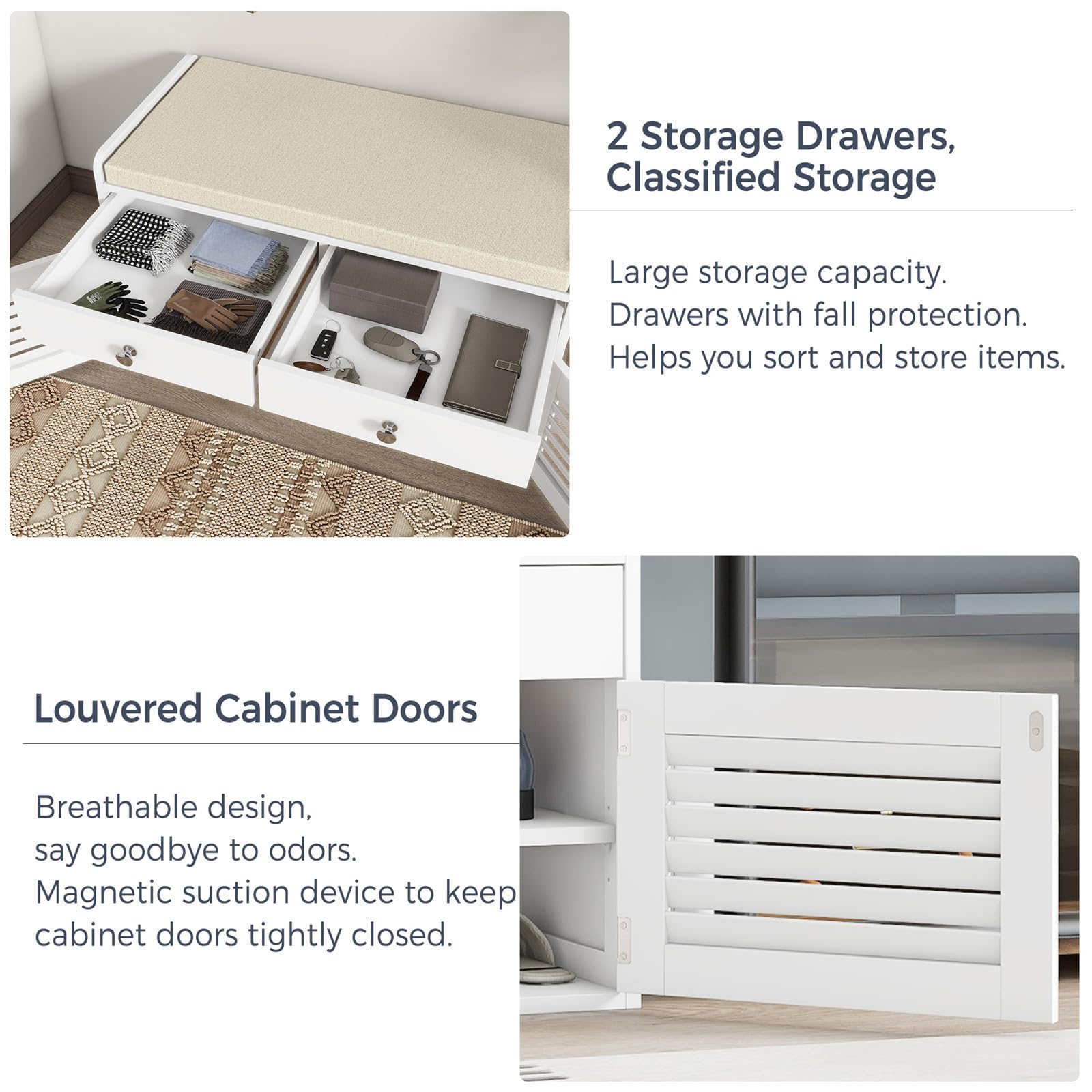 WARMHONIU Shoe Storage Bench with 2 Drawers & 2 Door Cabinet, Entryway Bench with Shoe Storage, Shoe Bench with Cushion, Adjustable Shelves, Shoe Rack Bench for Entryway, Hallway, Bedroom, White
