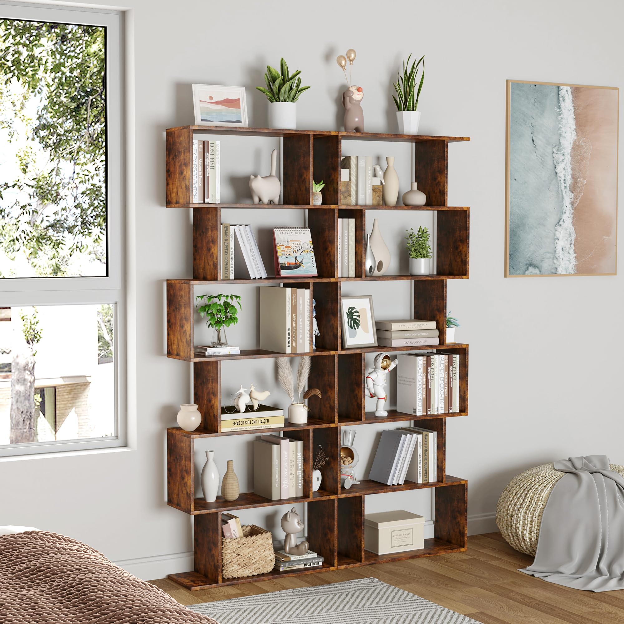 Yusong Geometric Bookcase, Bookshelf 6-Tier S Shaped Book Shelves for Bedroom, Modern Wood Decorative Display Shelf Tall Book Case for Home Office, Rustic Brown
