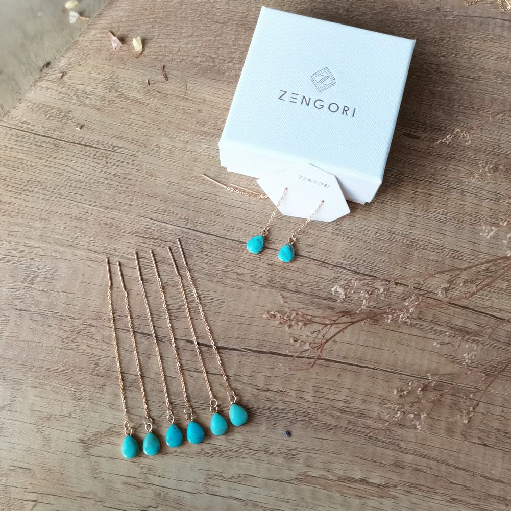 ZENGORI 1 Pair Gold Plated Teardrop Natural Turquoise Ear Threader Drop Dangle Earrings 3.5" G1345