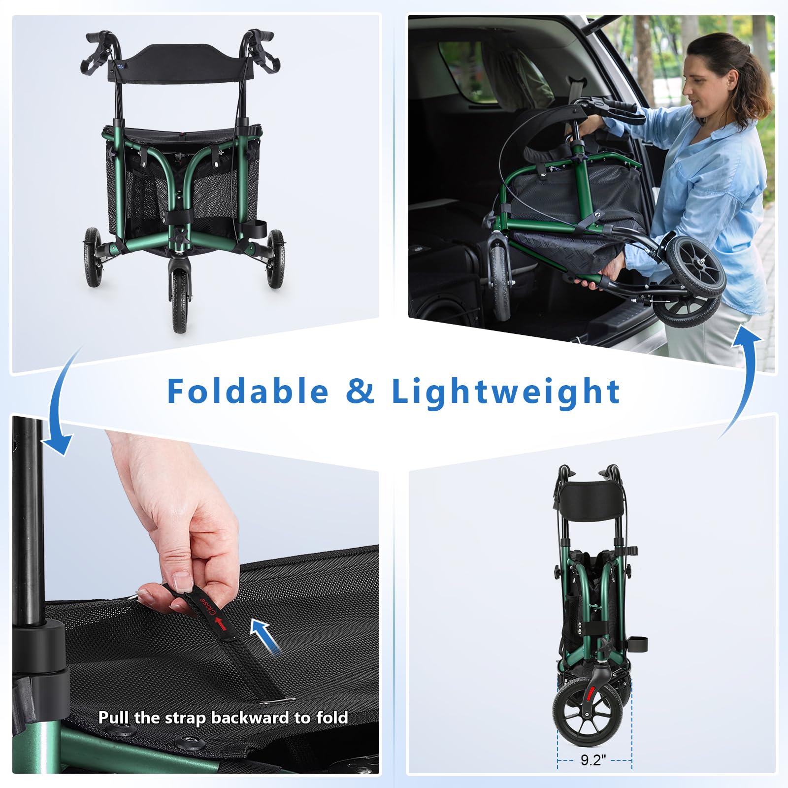 WALK MATE 3 Wheel Rollator Walker with Seat for Slim Seniors, Padded Backrest Lightweight Foldable Walker Ideal for Elderly, 8 Inch Tri-Wheel Modern Mobility Walking Aid Aluminum, Green