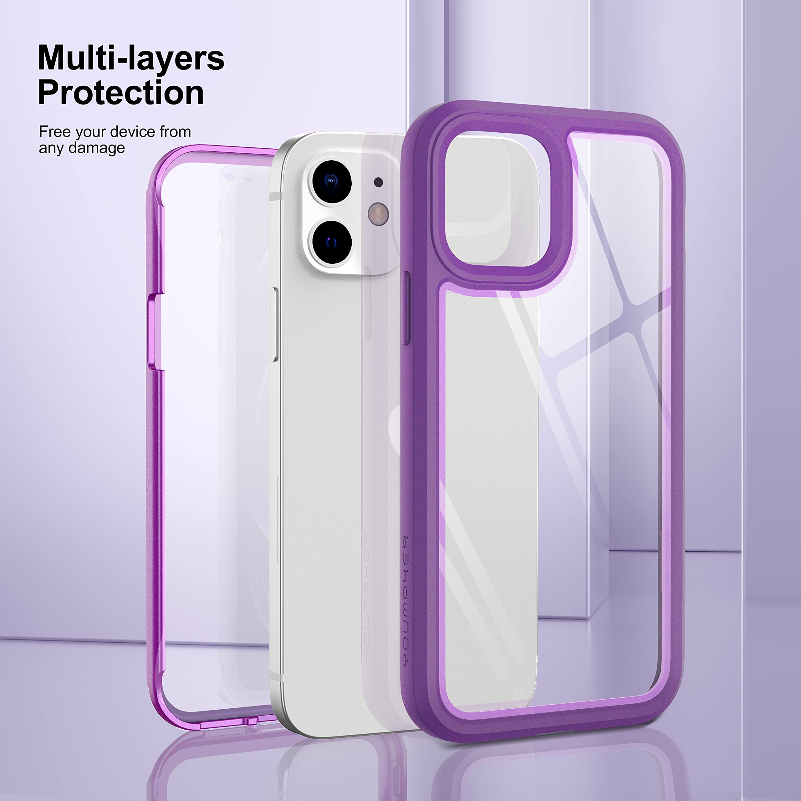 YOUMAKER [2021 Upgraded] Aegis Series for iPhone 12 Case & iPhone 12 Pro Case, Full-Body with Built-in Screen Protector Rugged Clear Case for iPhone 12/12 Pro Case 6.1 Inch - Purple