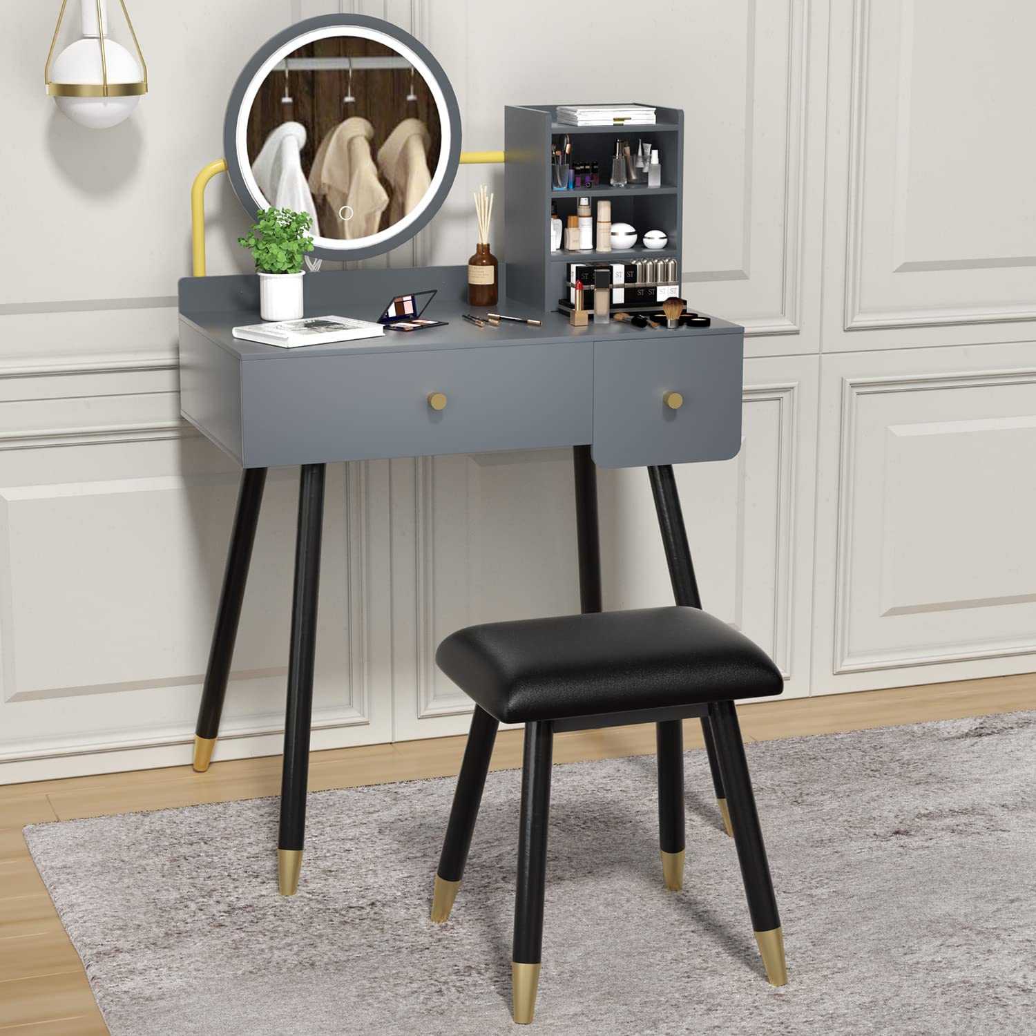 Visionwards Vanity Desk with Mirror and Lights, Make up Vanity with 3 Color Lighting Modes Screen Tough, Makeup Desk Vanity Table Set with 3 Drawers, Vanity Mirror with Lights Desk and Chair for Woman