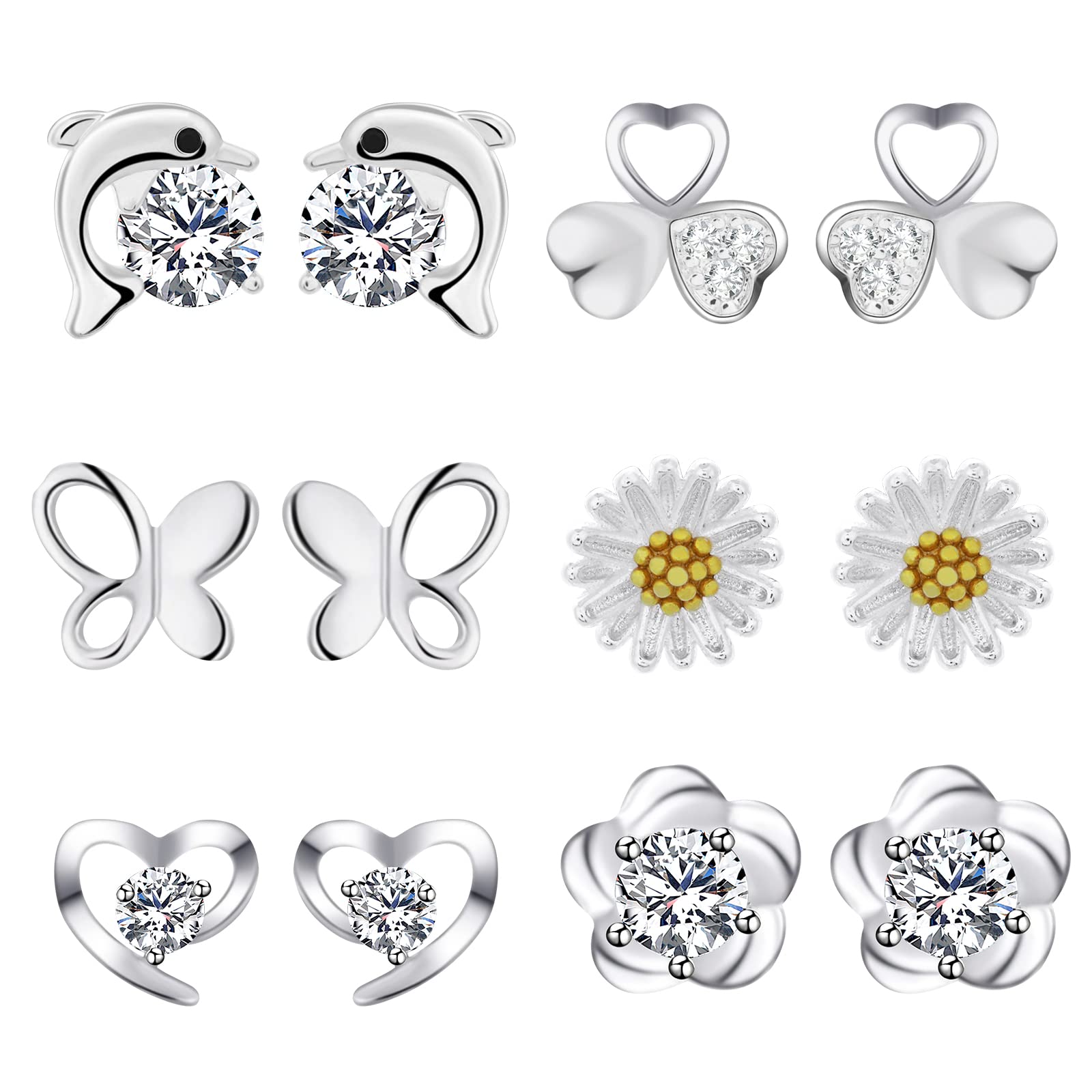 Yolev 6 Pairs Tiny Stud Earrings Set, Rhinestone Stud Earrings Hypoallergenic Heart Butterfly Flower Dolphin Daisy Silver Stud Earrings for Women
