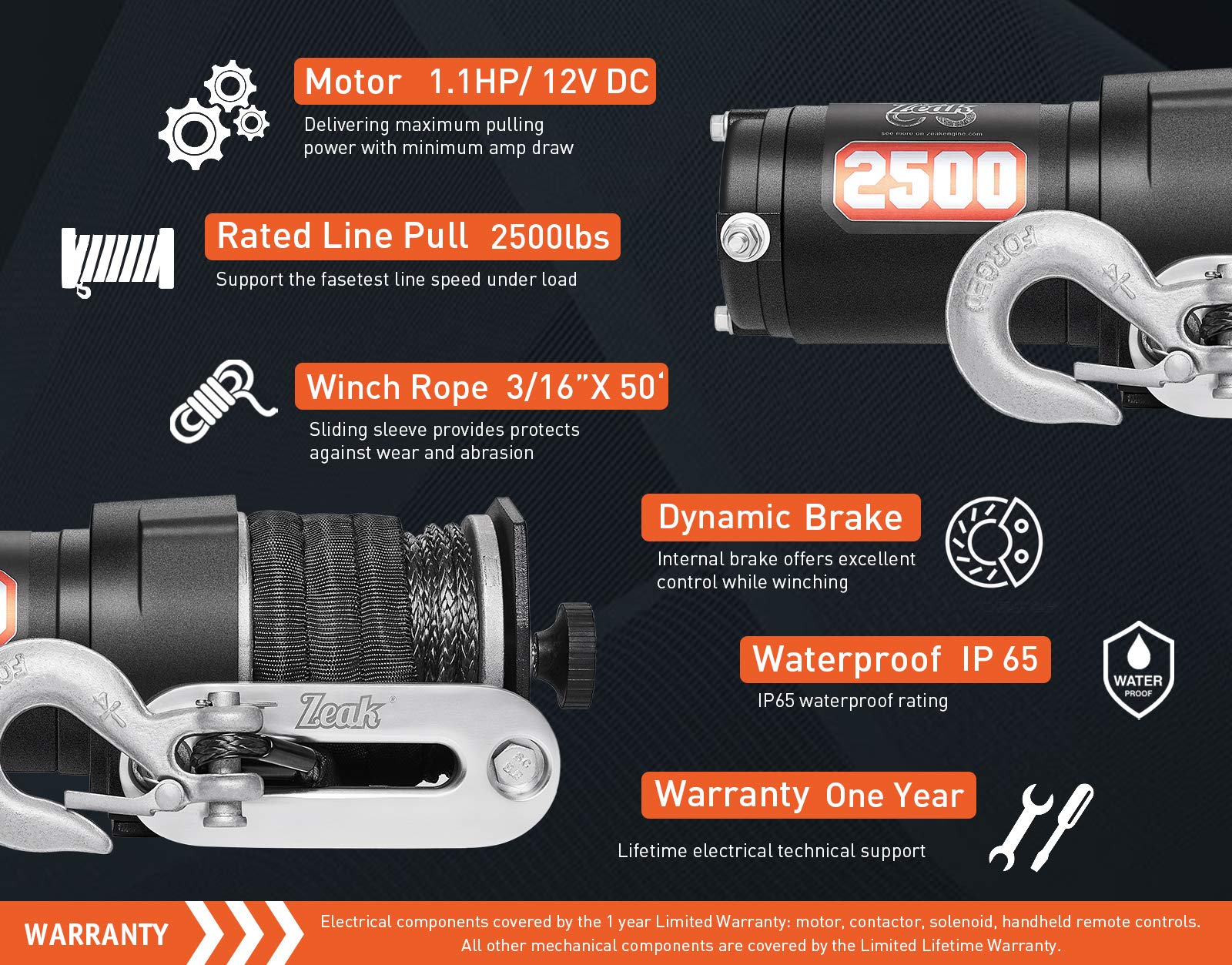 ZEAK 2500 lb. Advanced Off-Road 12V DC ATV/UTV Electric Winch, Synthetic Rope with Mini-Rocker Solenoid Kit