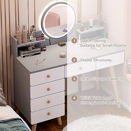 Vanity with Lights and Mirror Desk and Chair, 3 Light Settings & Adjustable Brightness, Modern Makeup Vanity Desk Set with 6 Drawers, Open Storage Shelves, Dressing Table for Bedroom ( Color : Gray ,