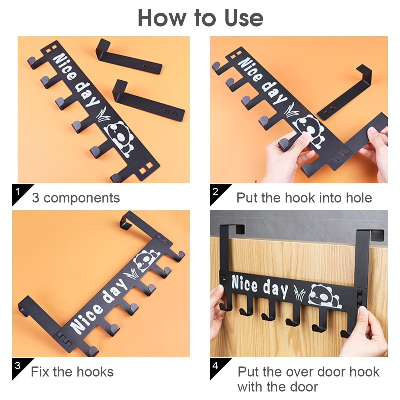UVEPBSMN Over The Door Hooks, Door Hanger Hook for Towels, Coat, Clothes, Bag, Over The Door Hanger with 6 Coat Hooks (Black)