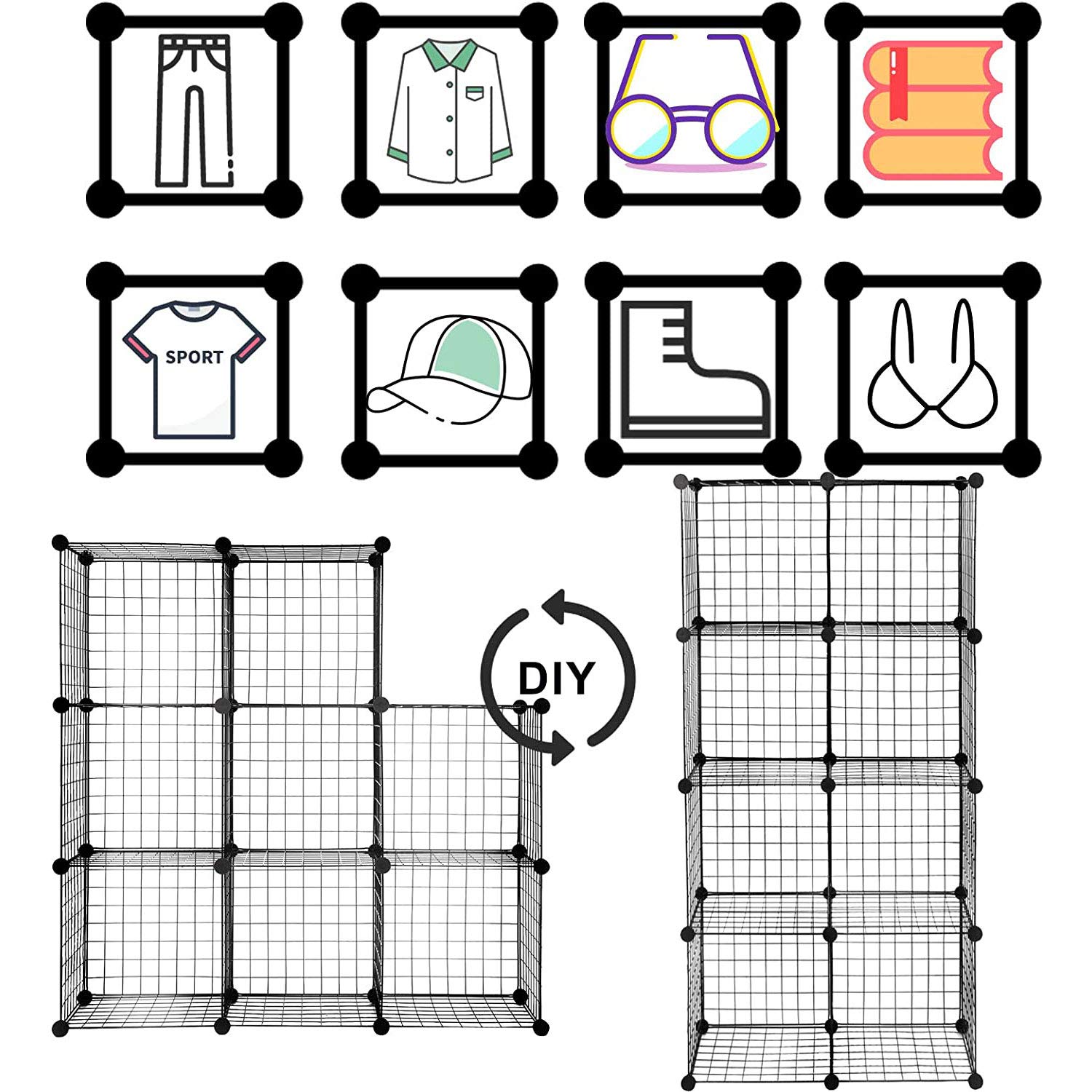 Wishwill Wire Cube Storage Organizer, 12 Cube Metal Wire Cube Shelving, Stackable Modular Storage Organizer , DIY Closet Cabinet Bookshelf Ideal for Living Room, Bedroom, Office Black