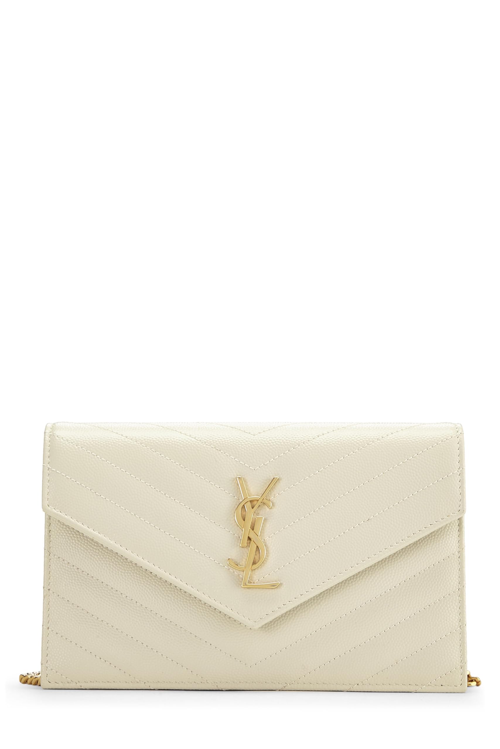 Yves Saint Laurent, Pre-Loved White Grained Calfskin Envelope Wallet-On-Chain (WOC), White
