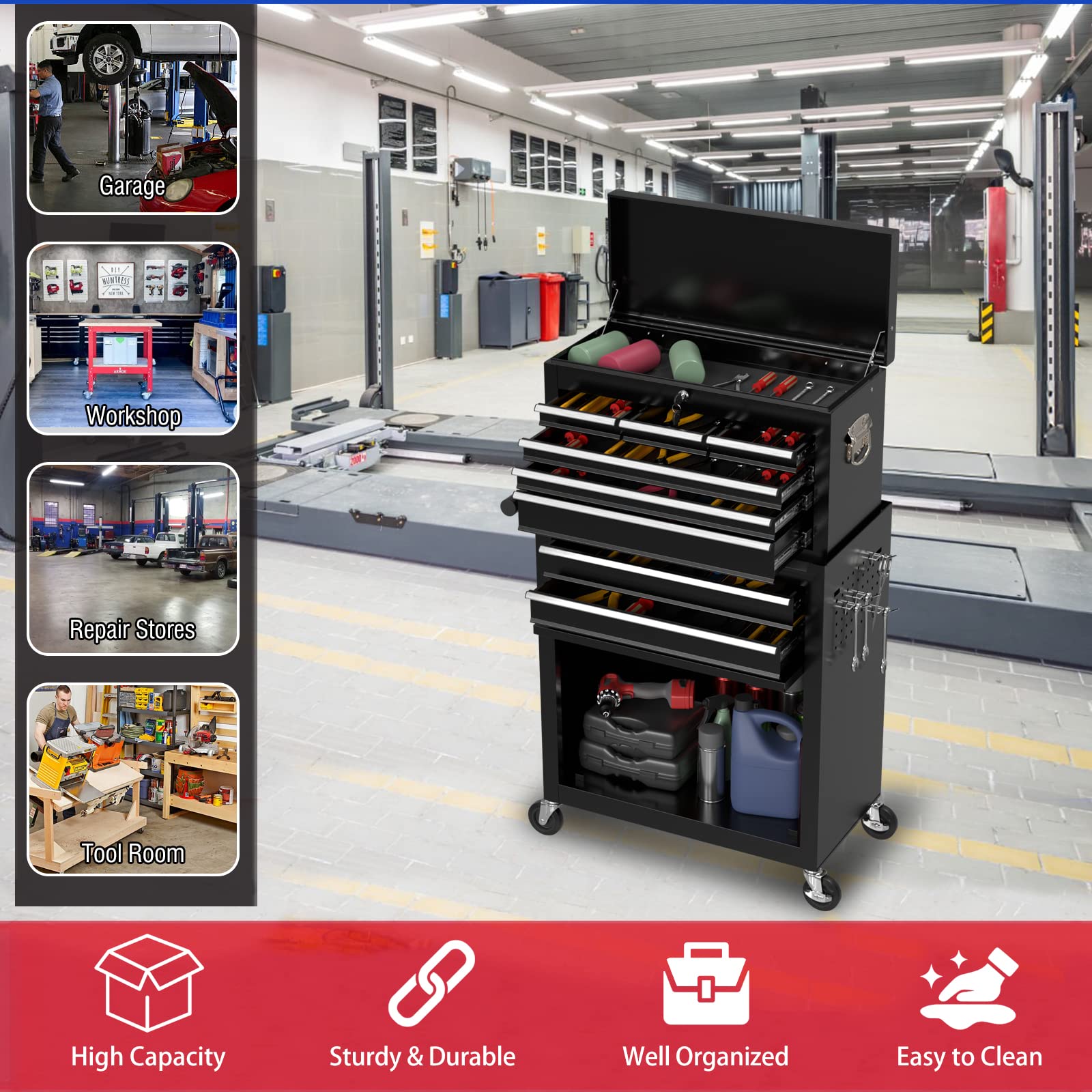 Yaciente Large 8-Drawer Tool Chest, High Capacity Tool Chest with Wheels, Removable Rolling Tool Box with Wheels, Portable Toolbox on Wheels (Black)