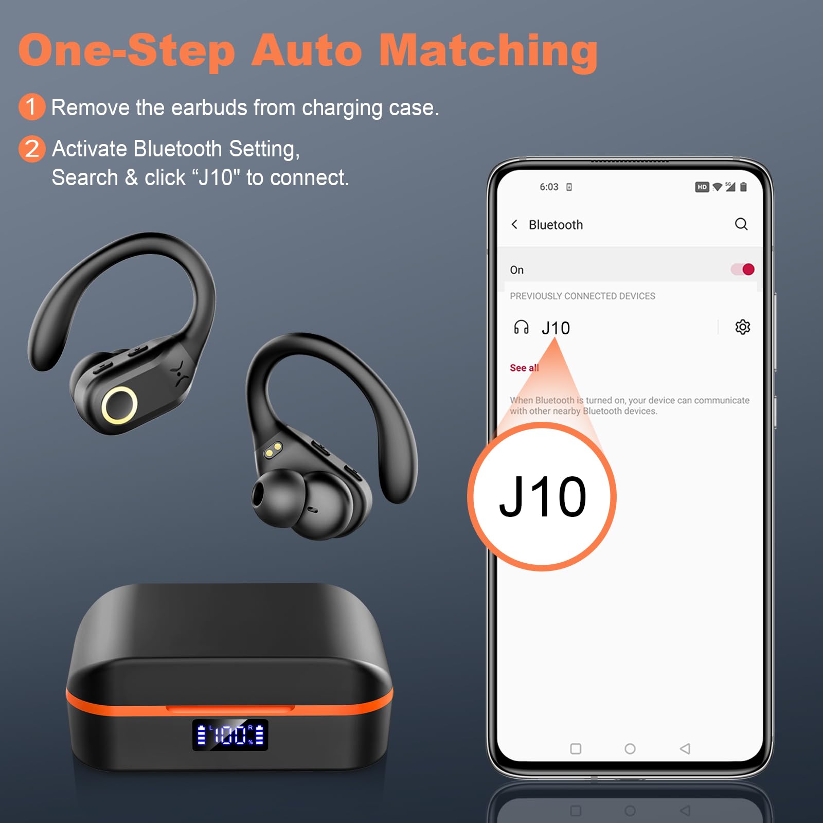Wireless Earbuds Bluetooth 5.3 Headphones Stereo Bass, ENC Noise Cancelling Mic HD Call, Over Ear buds with Soft Earhooks for Sports, 48H Playtime LED Display, IP7 Waterproof Earphones for Android iOS