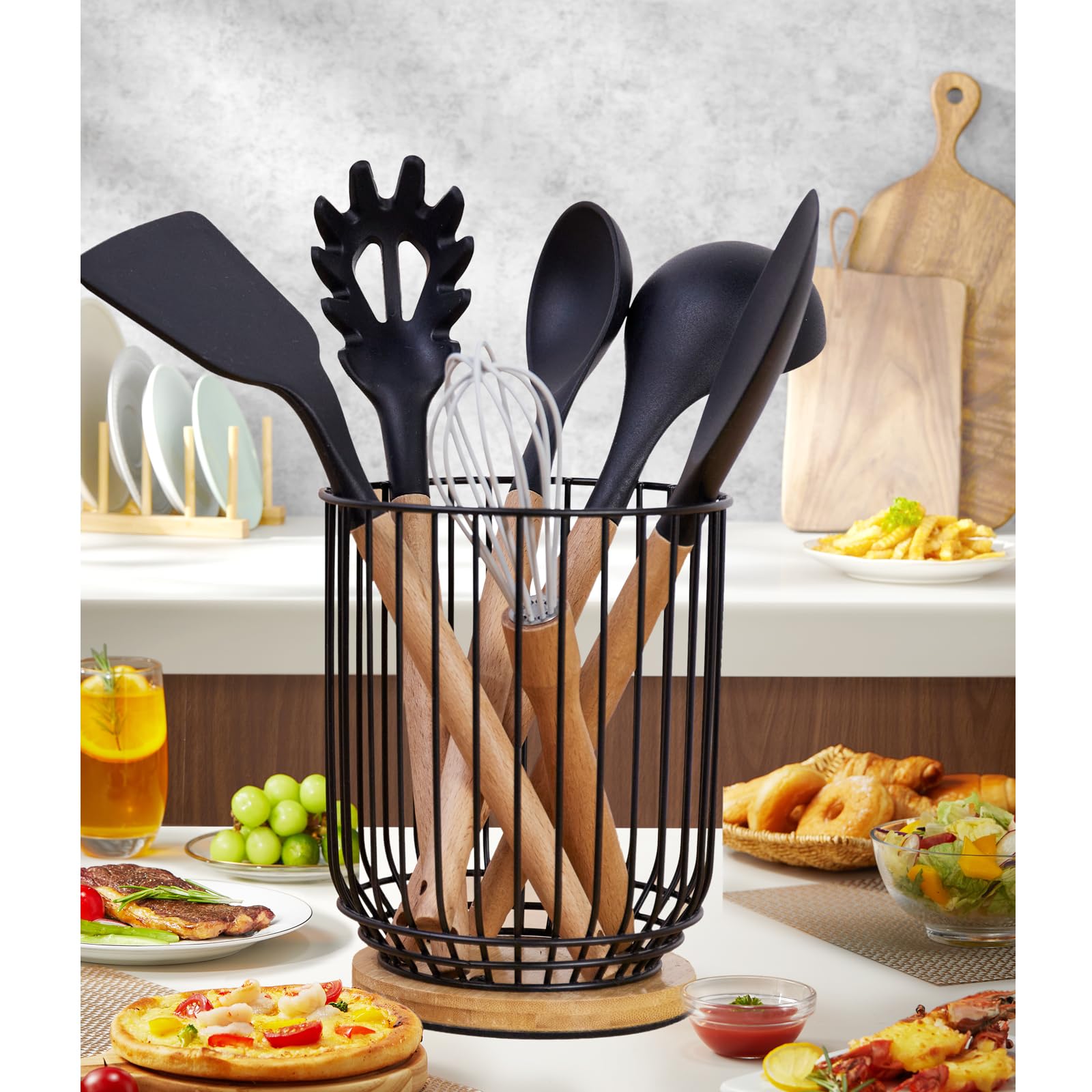 WDT Tool Utensil holder for Kitchen Counter,Large Utensils Holder For Farmhouse Cooking, Utensil Caddy Spatula Holder (Metal+Bamboo-1)