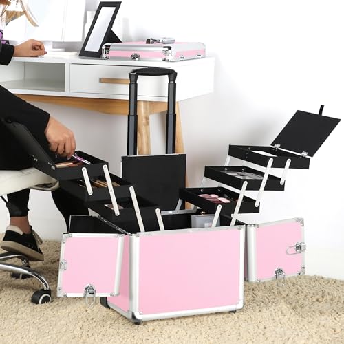 Yaheetech Professional Makeup Train Case Travel Makeup Trolley Rolling Cosmetic Case Beauty Train Case Beauty Organizer, Pink